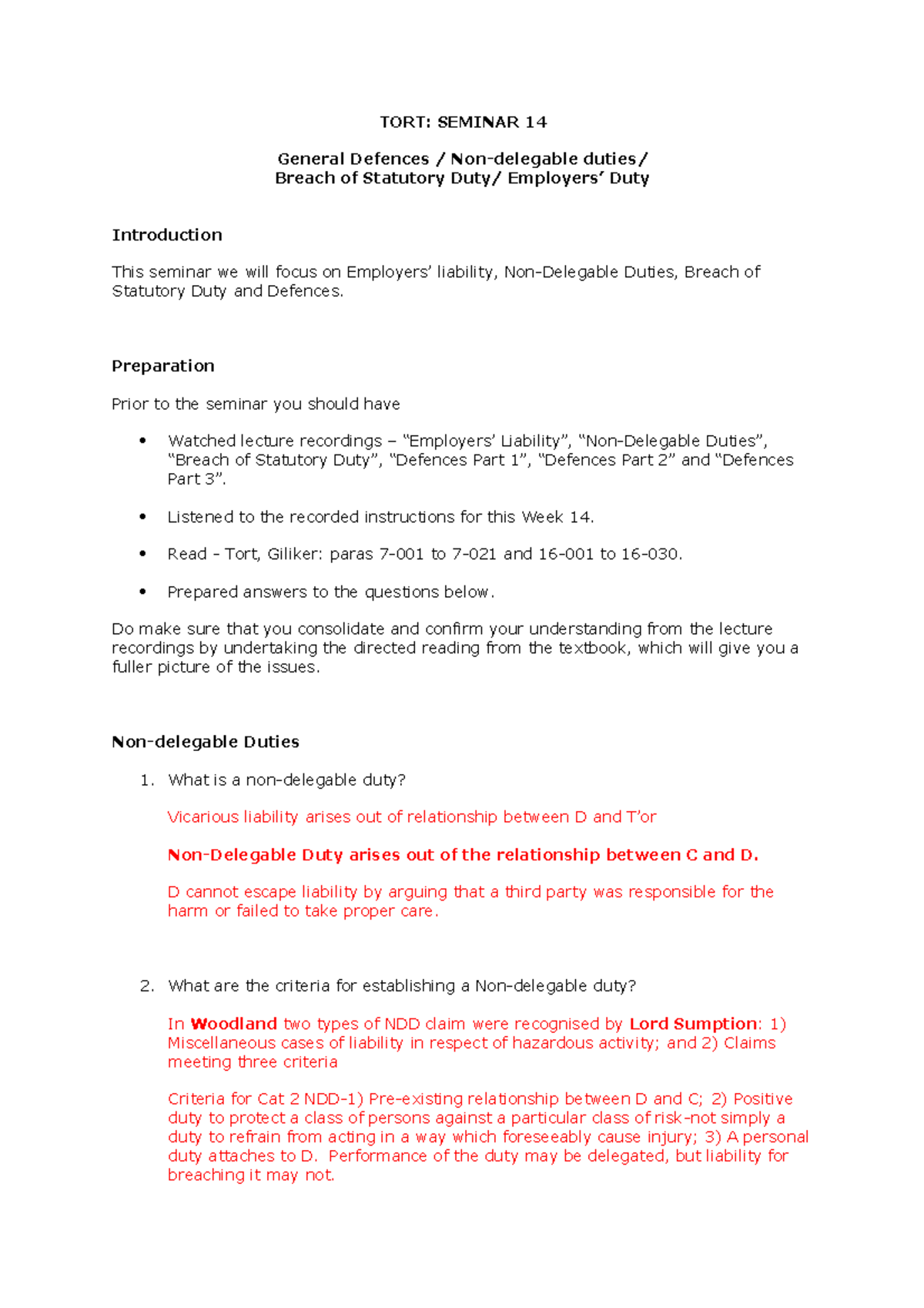 Tort Seminar 14 - TORT: SEMINAR 14 General Defences / Non-delegable ...