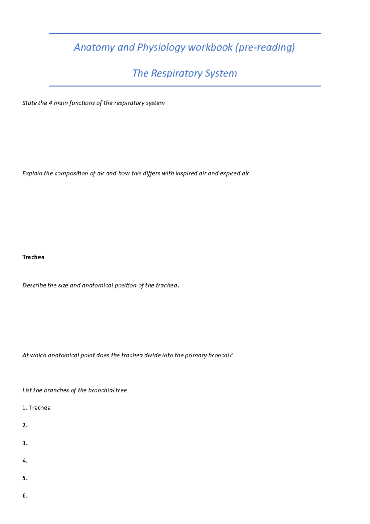 The Respiratory System - Anatomy and Physiology workbook (pre-reading ...