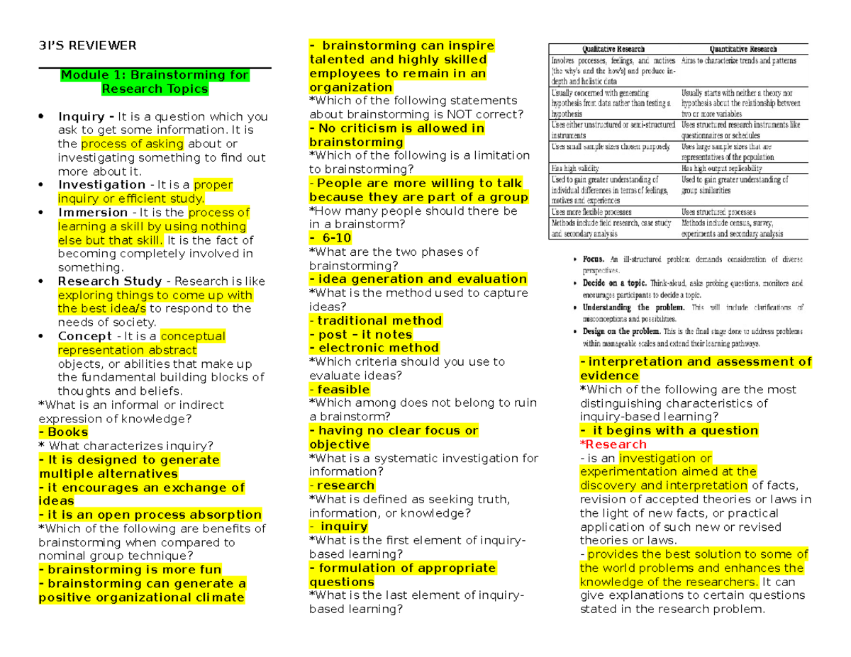 3I'S Reviewer - 3I’S REVIEWER Module 1: Brainstorming for Research ...