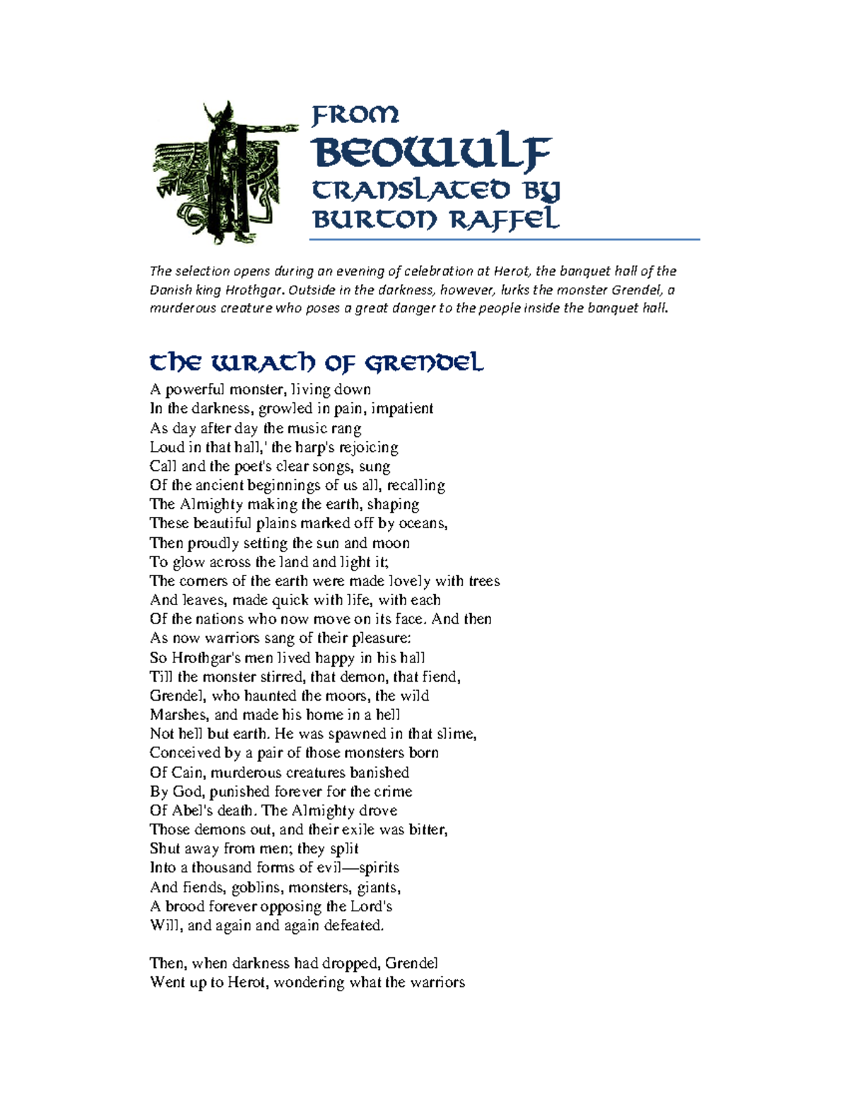 Beowulf excerpts raffel textbook - from Beowulf translated by Burton ...