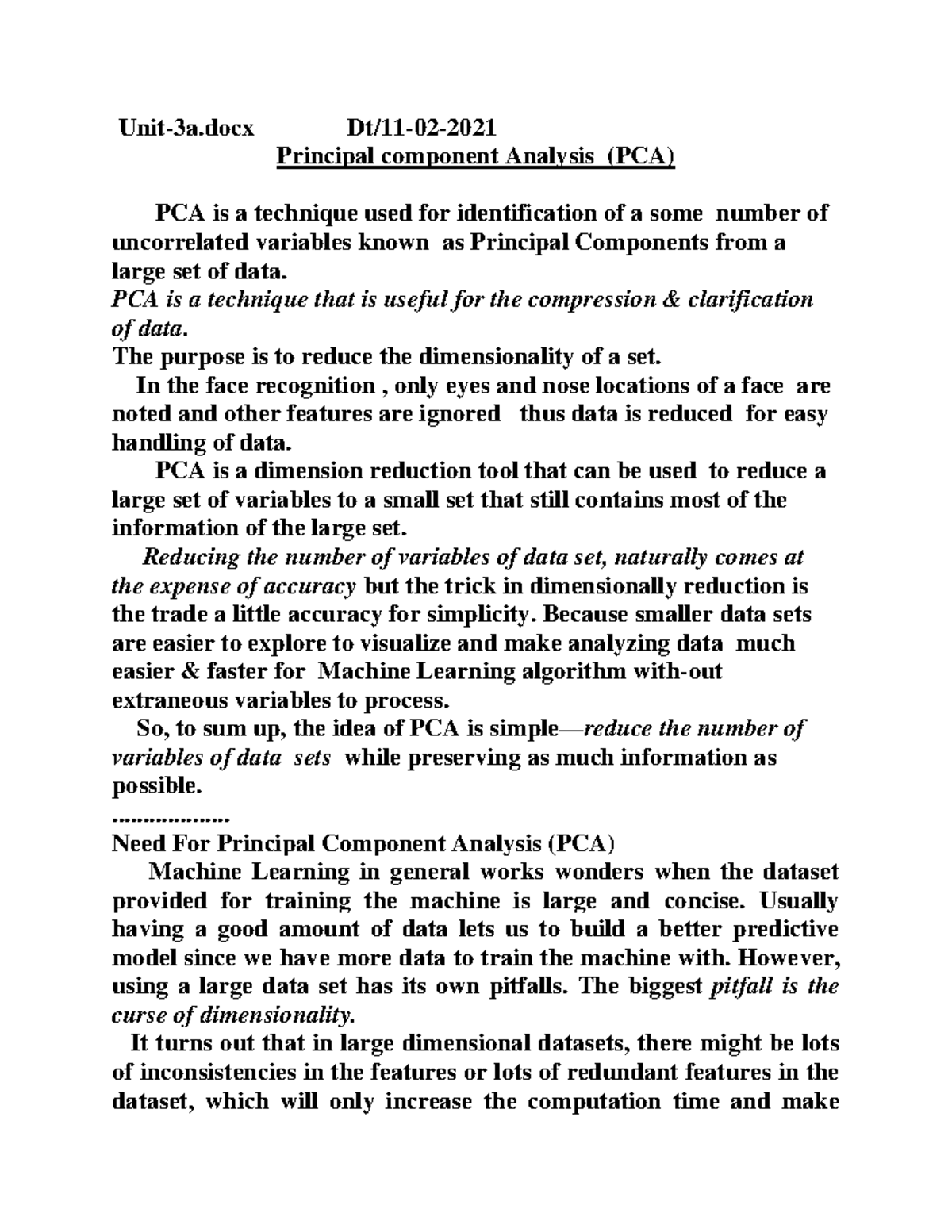 Unit 3 - Lecture notes 23 - Unit-3a Dt/11- 02 - Principal component ...