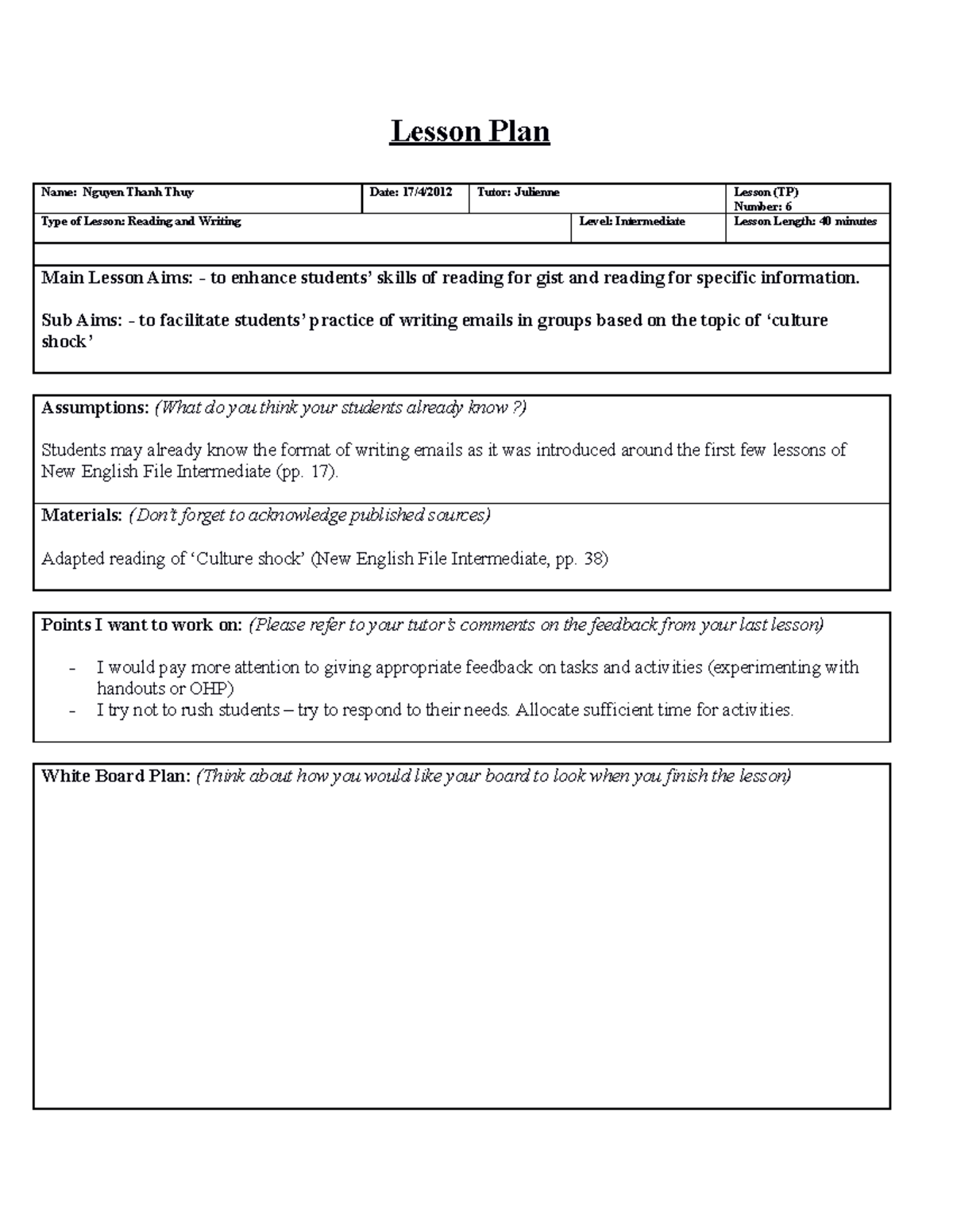 Lesson Plan cover sheet 4 - Lesson Plan Name: Nguyen Thanh Thuy Date ...