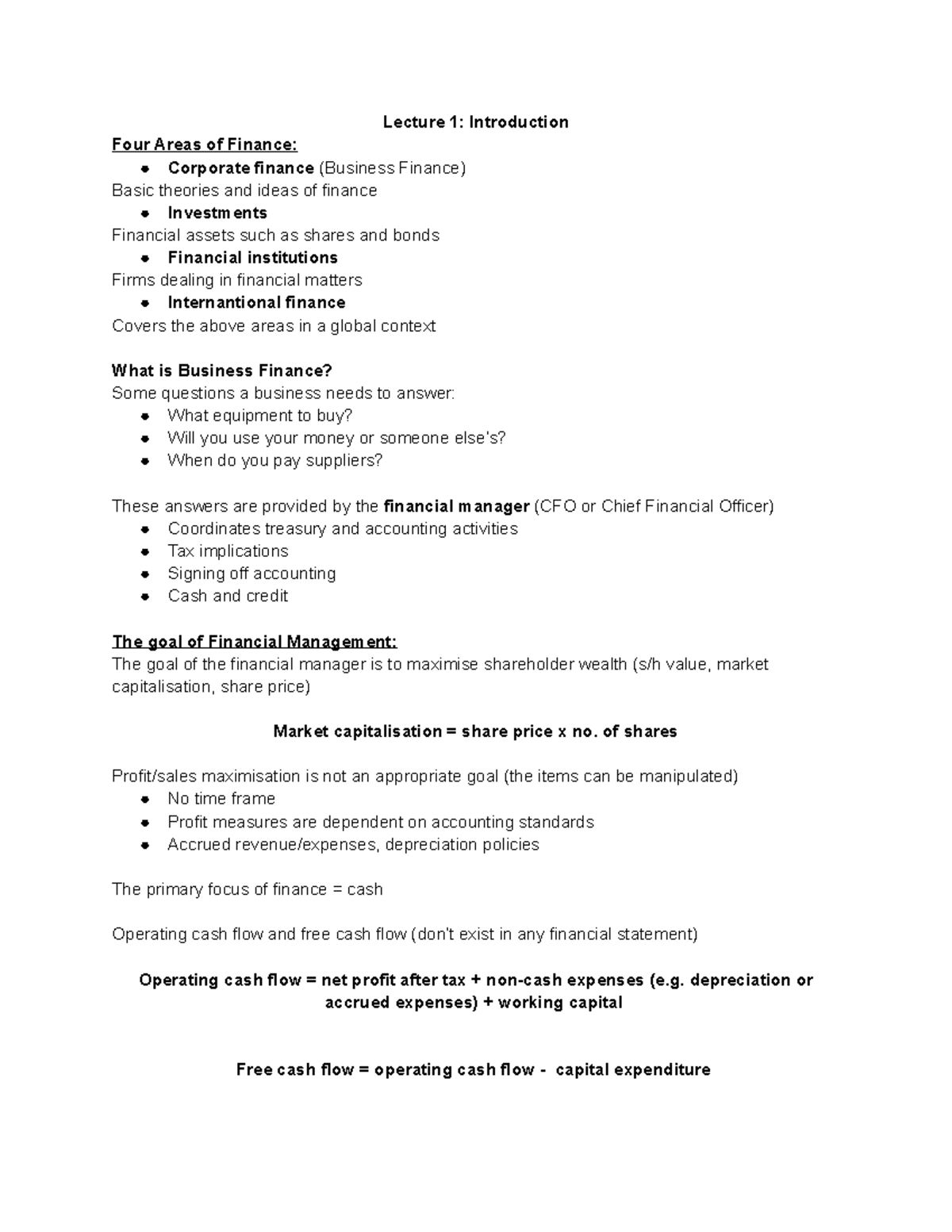 Finance Lec Notes - Lecture 1: Introduction Four Areas of Finance ...