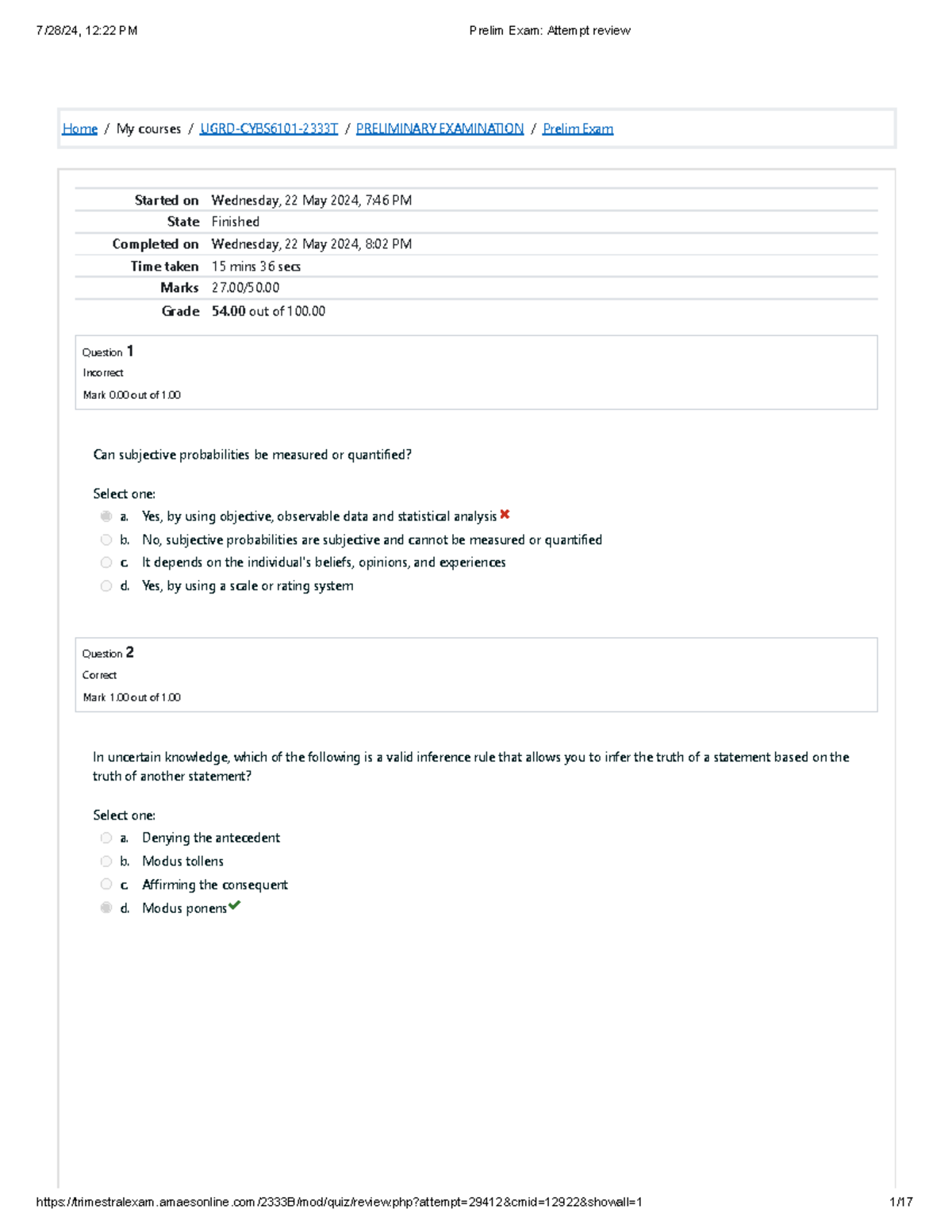 Prelim Exam Attempt review - Home / My courses / UGRD-CYBS6101-2333T / PRELIMINARY EXAMINATION ...