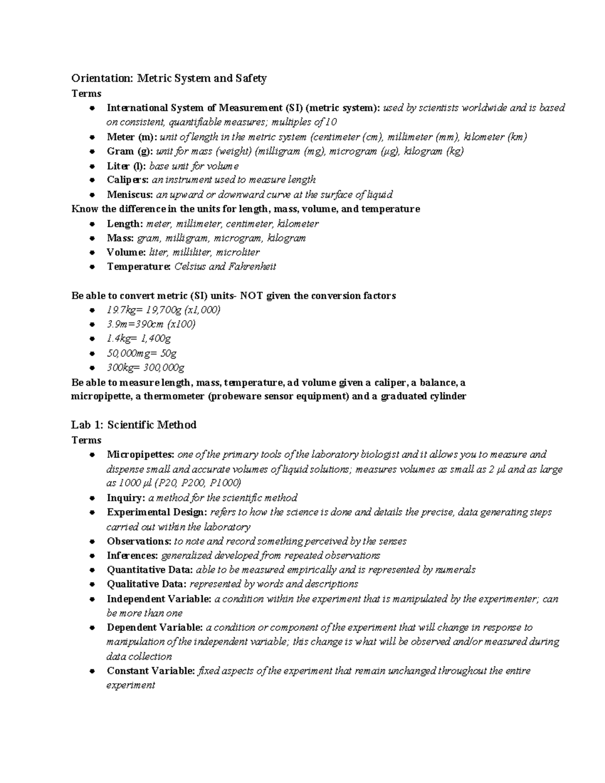 Biology Lab Midterm Review - Orientation: Metric System and Safety ...