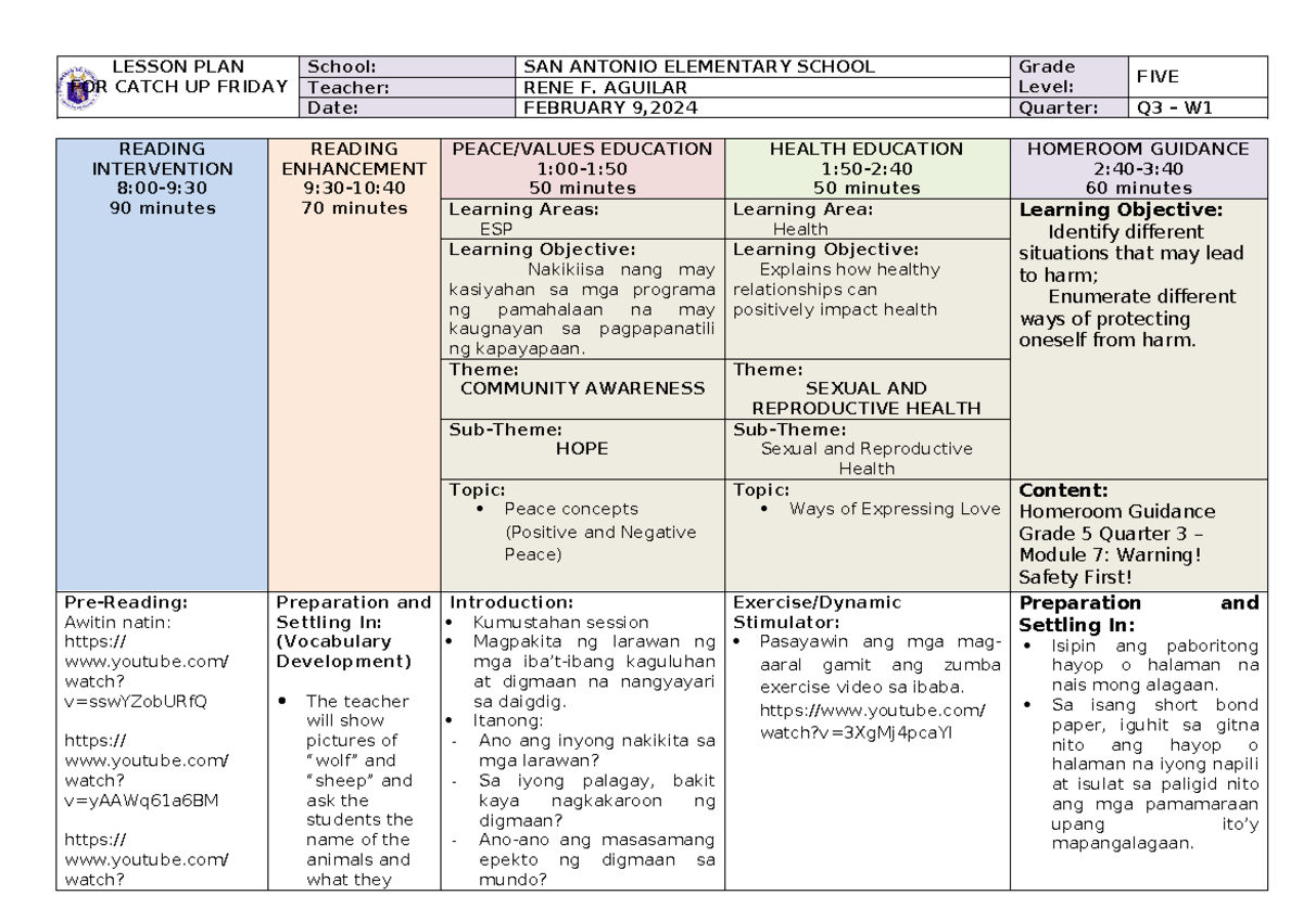 Q3 Grade 5 Catch UP Fridays WEEK 1 - LESSON PLAN FOR CATCH UP FRIDAY ...