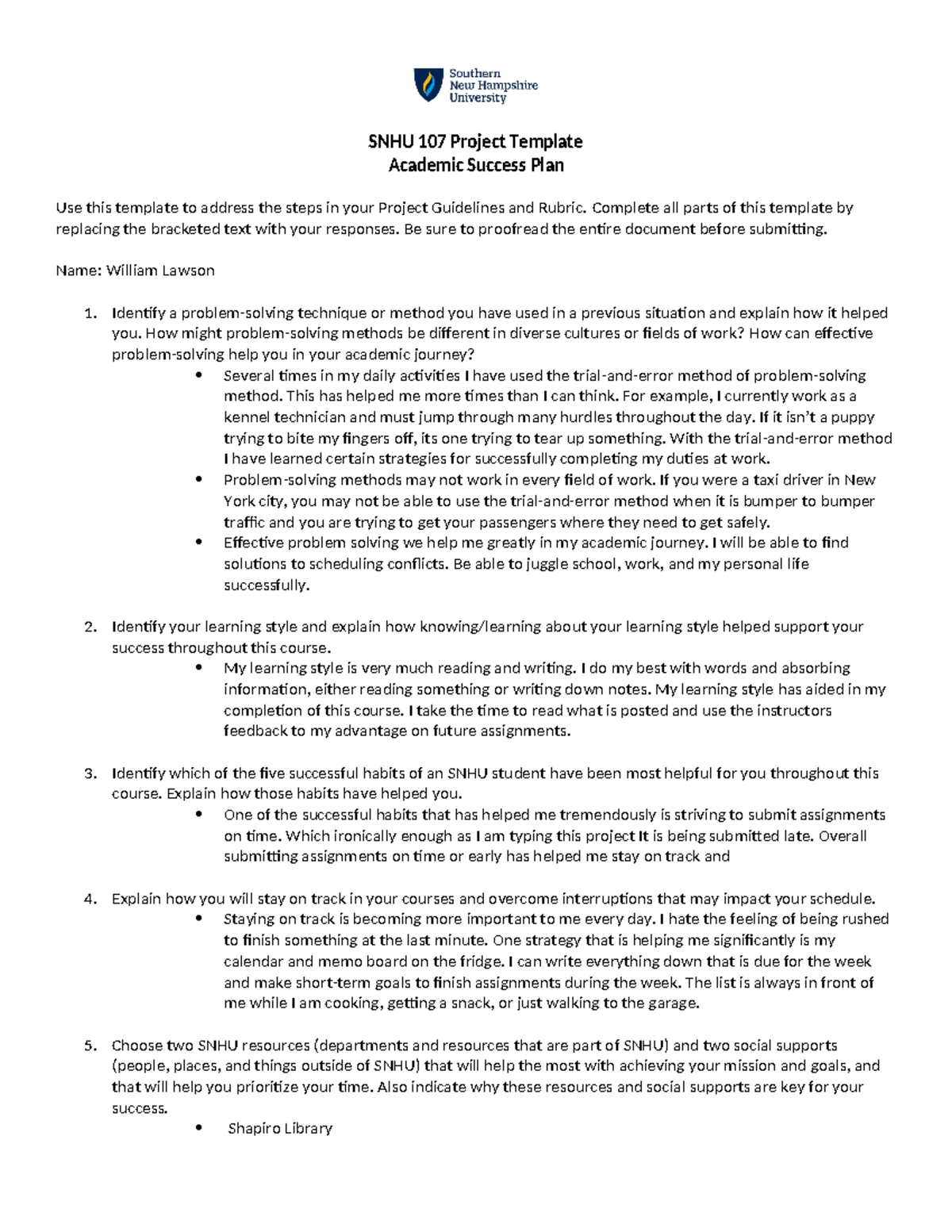 SNHU 107 Project - SNHU 107 Project Template Academic Success Plan Use ...