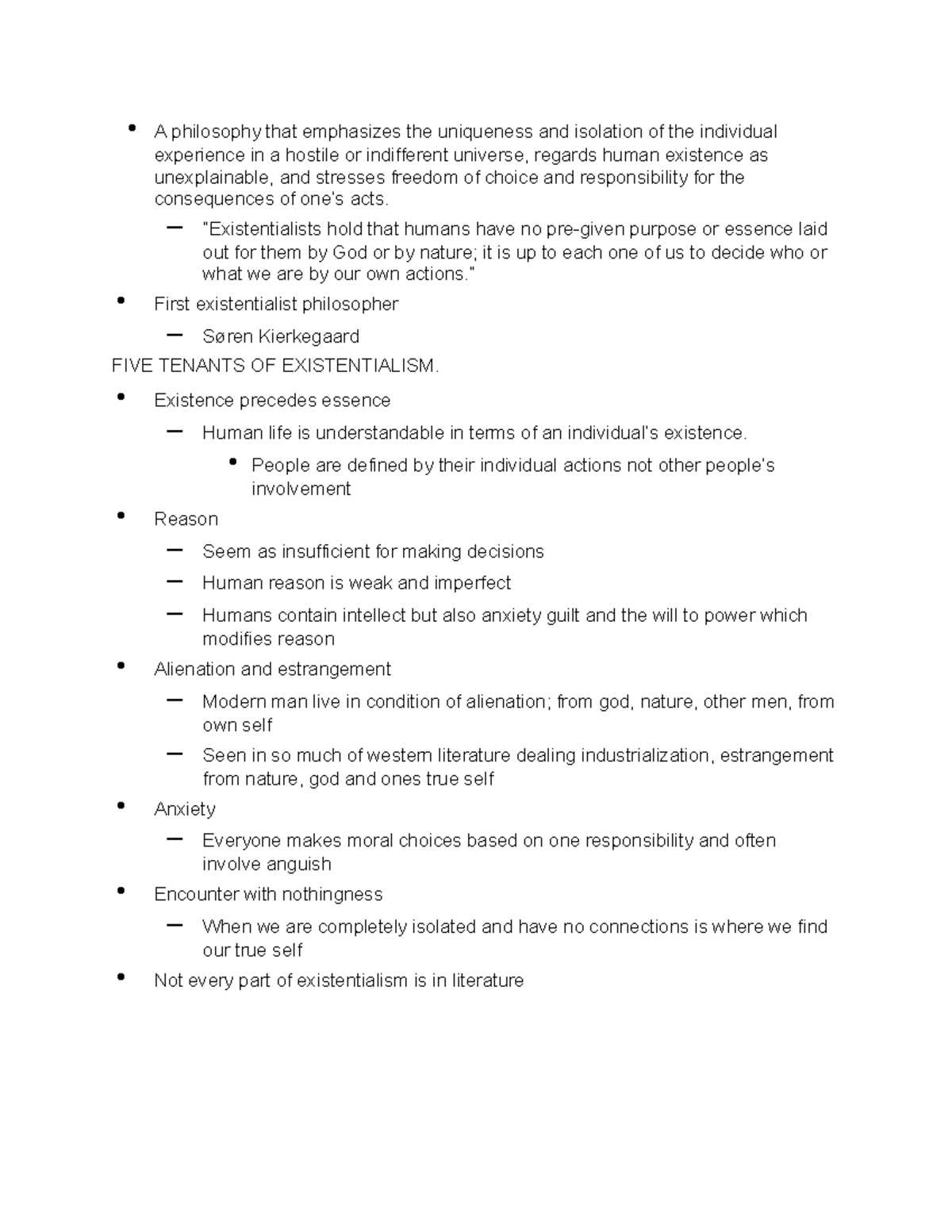 Existentialism Notes - • A philosophy that emphasizes the uniqueness ...