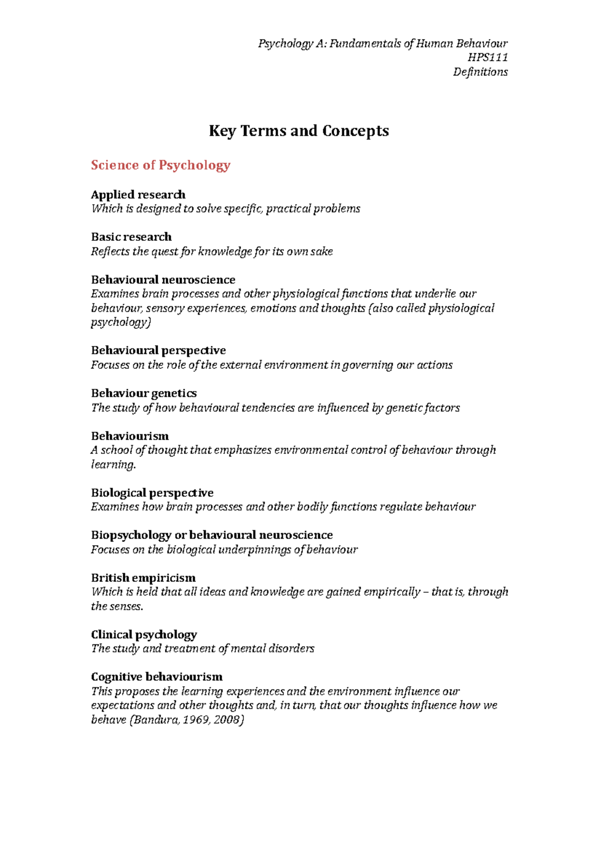 Summary - complete - Psychology: fundamentals of human behaviour ...