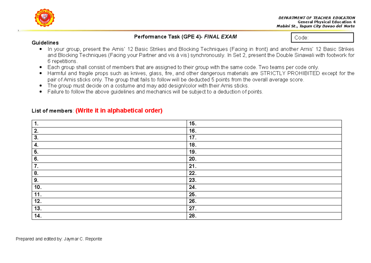 GPE 4 Arnis Final EXAM - activity - DEPARTMENT OF TEACHER EDUCATION ...