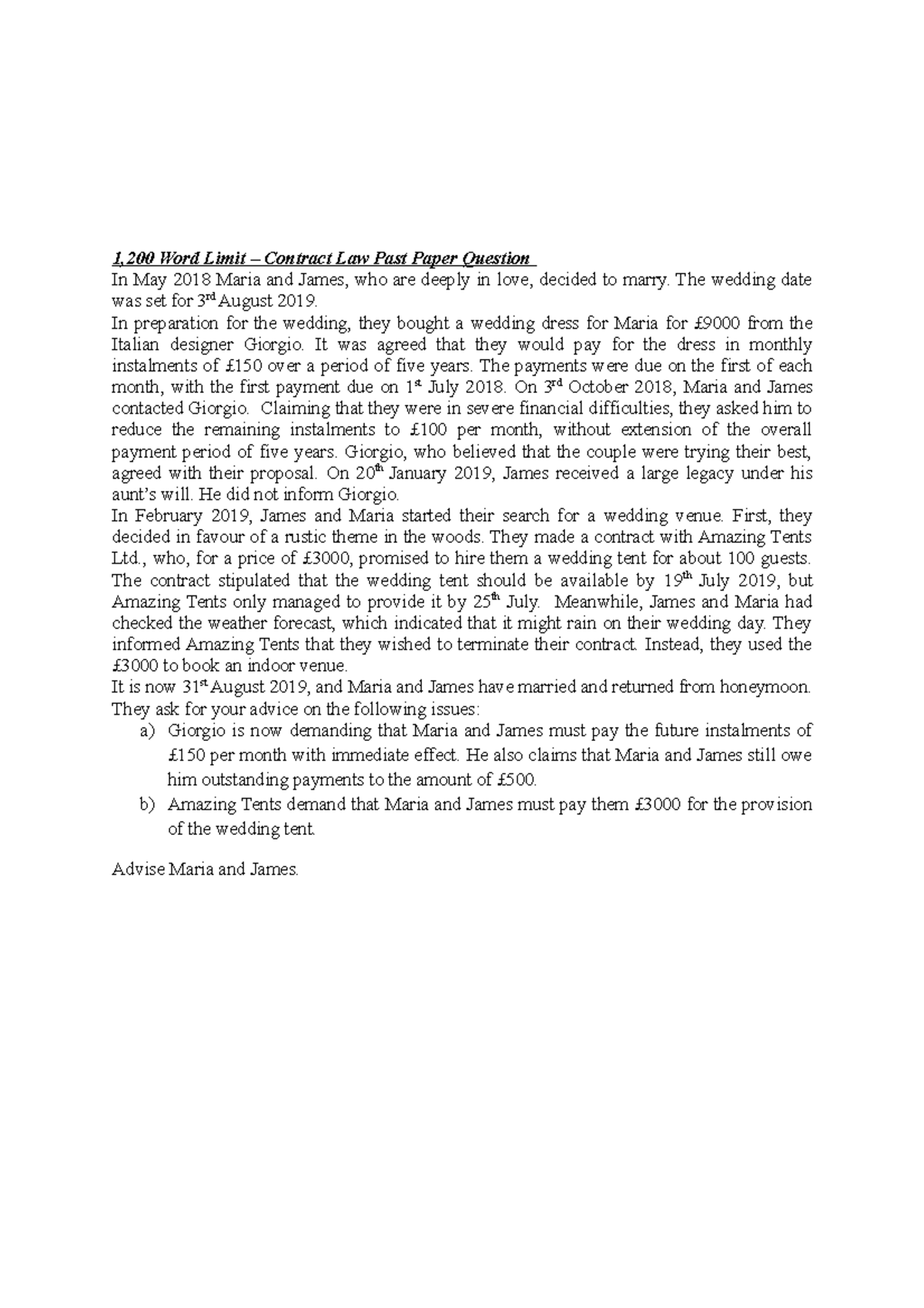 Contract Law Problem Question - Scenario and First Class Answer - 1,200 ...