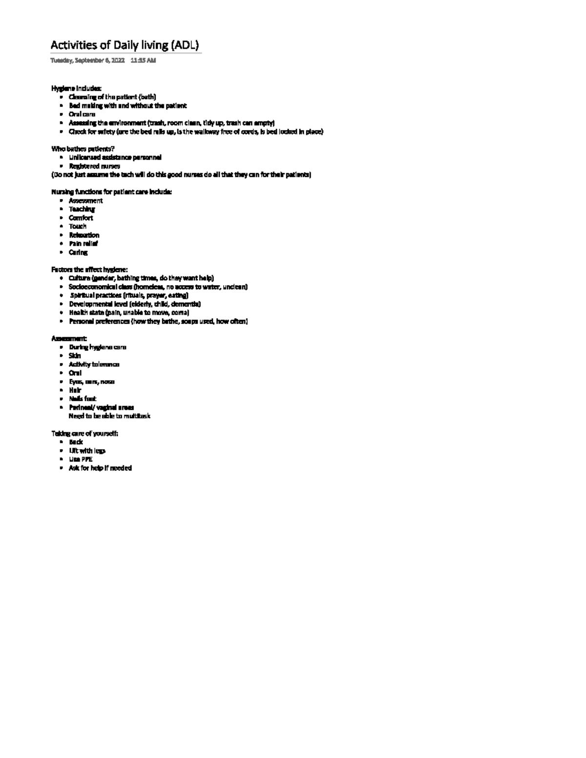 NUR 112 Activities of daily living - Activities of Daily living (ADL ...