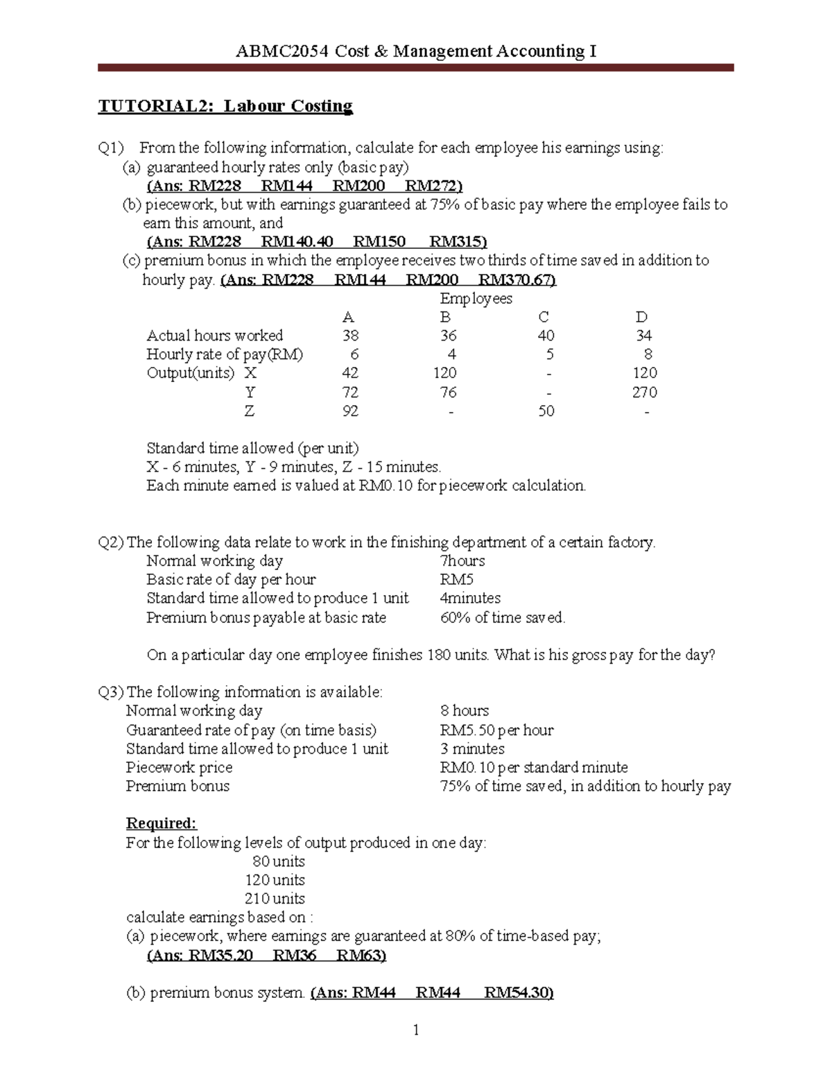 Tutorial 2(STU)-Labour Costing - ABMC2054 Cost & Management Accounting ...