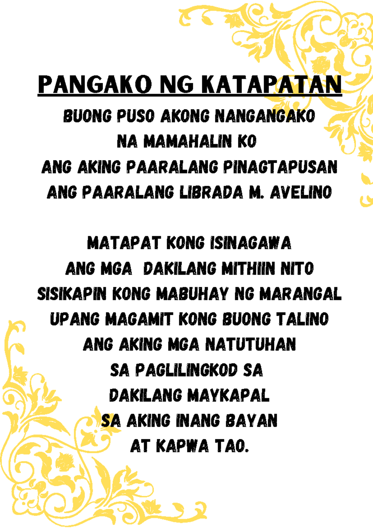 Pangako ng Katapatan Buong puso akong nangangako Na mamahalin ko Ang ...