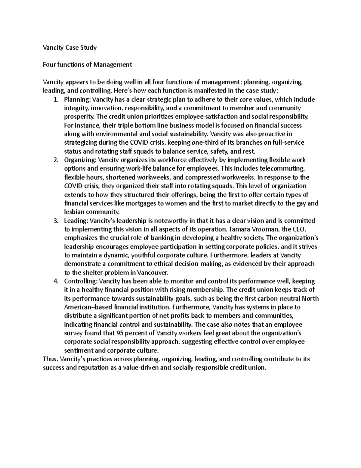 Vancity Case Study 4 Functions of Management Summary - Vancity Case ...