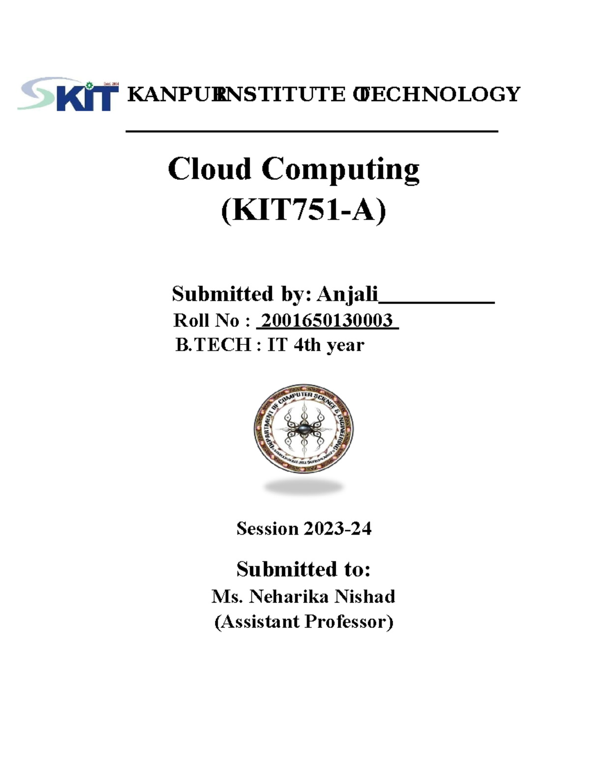 Front Page practical - B.Tech mechanical - Cloud Computing (KIT751-A ...