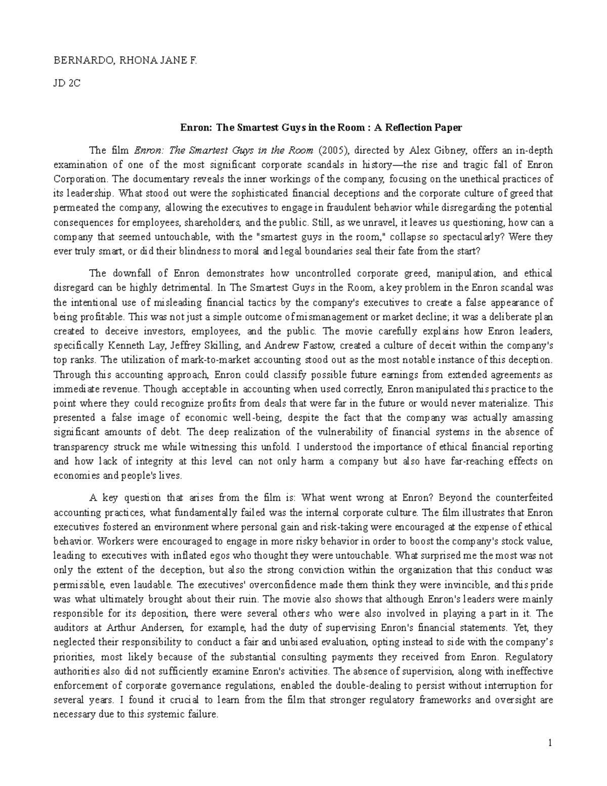 Enron The Smartest Guy in the Room Reflection Paper - BERNARDO, RHONA ...