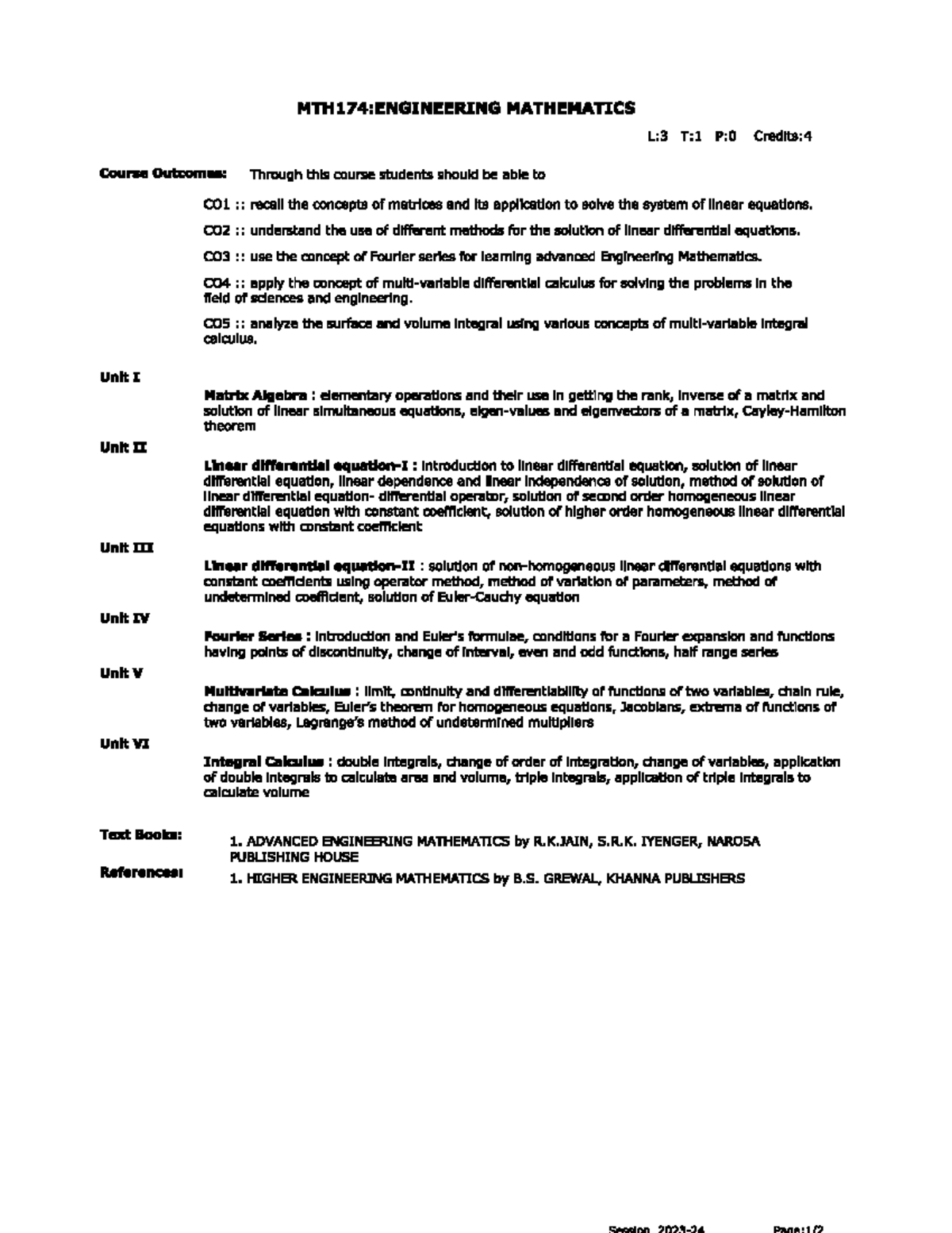 MTH-174 - thx - MTH174: ENGINEERING MATHEMATICS L:3 T:1 P:0 Credits:4 ...