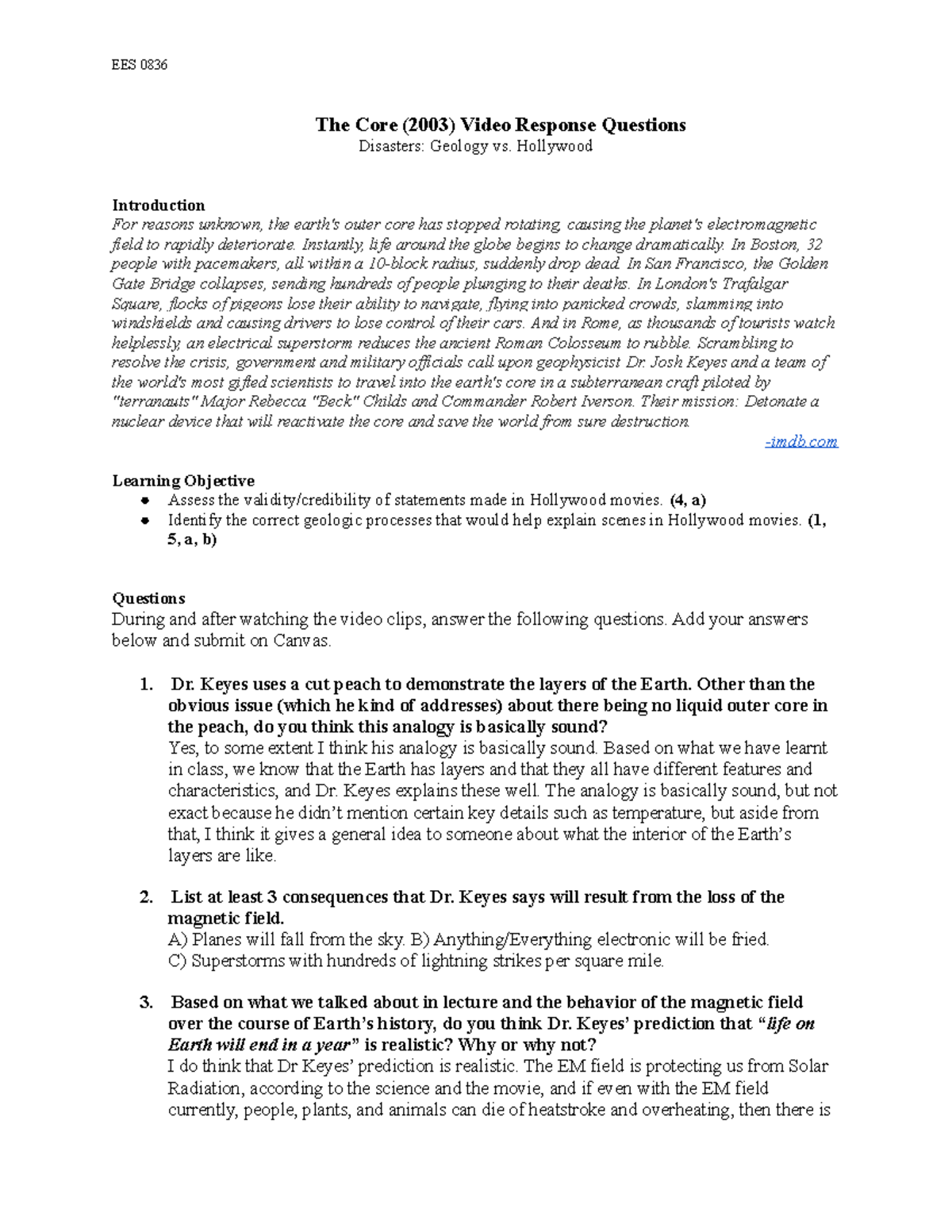 HW - The Core - Questions and Answers - Grade received 20/20 - EES 0836 ...