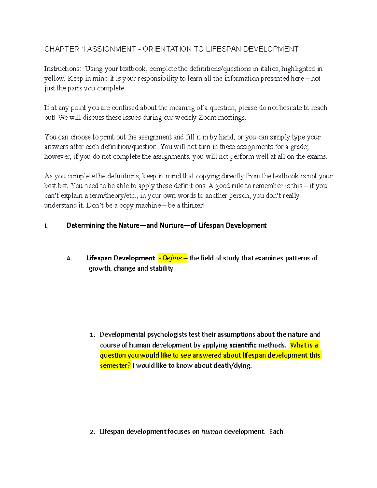 Ch.1.Orientation to Lifespan Dev - CHAPTER 1 ASSIGNMENT - ORIENTATION TO LIFESPAN DEVELOPMENT ...