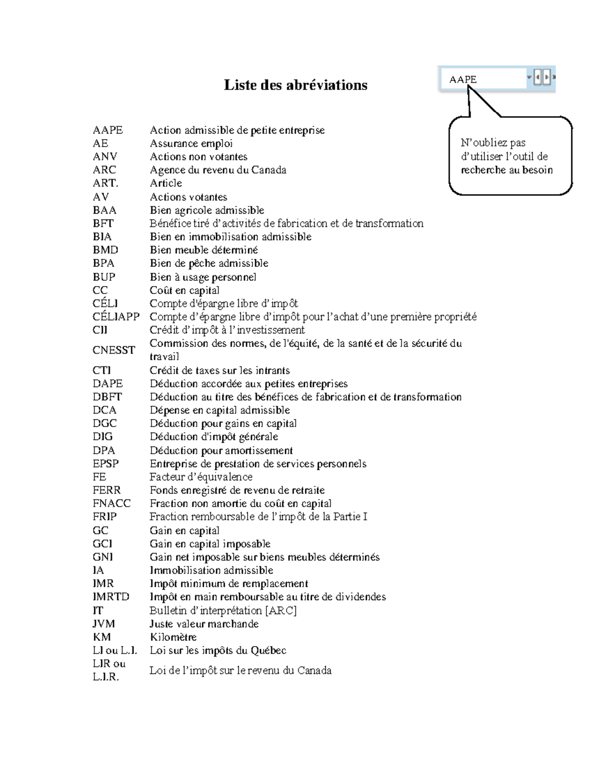 Abreviation Impot - Liste des abréviations AAPE Action admissible de ...