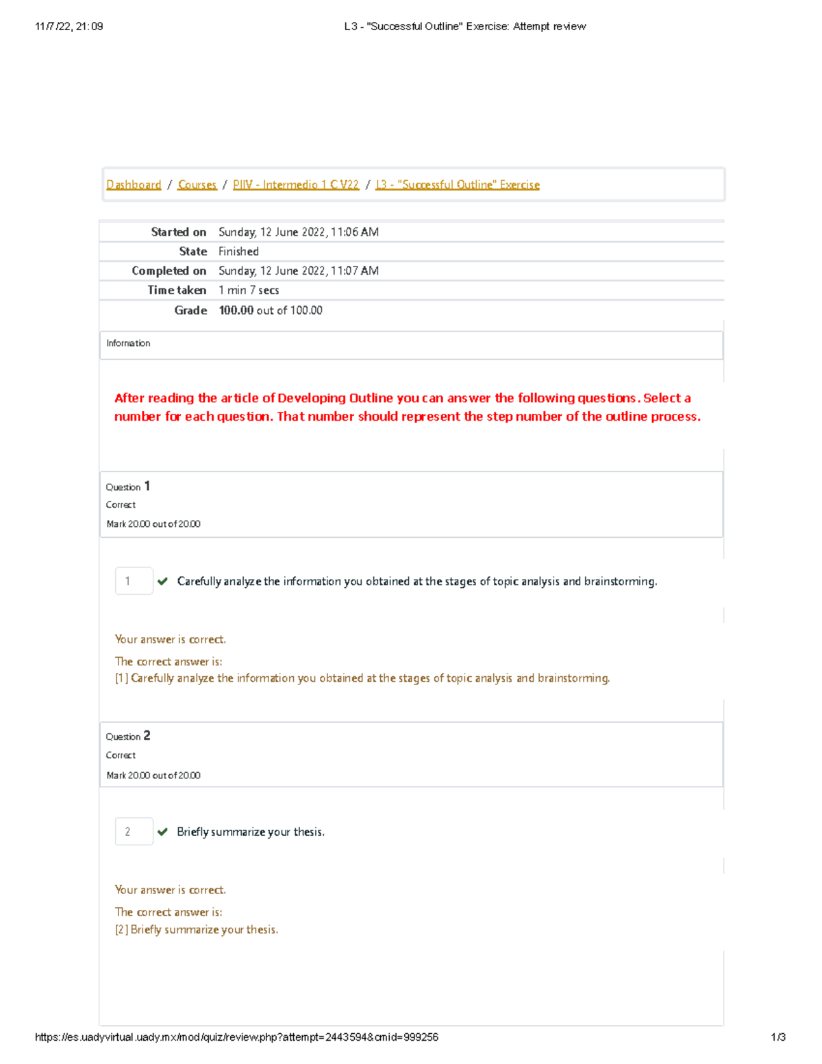 L3 - Successful Outline Exercise Attempt review - 11/7/22, 21:09 L3 ...