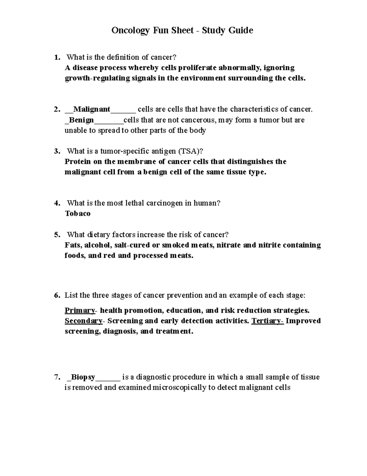 Oncology FUN Sheet Student - Oncology Fun Sheet - Study Guide What is ...