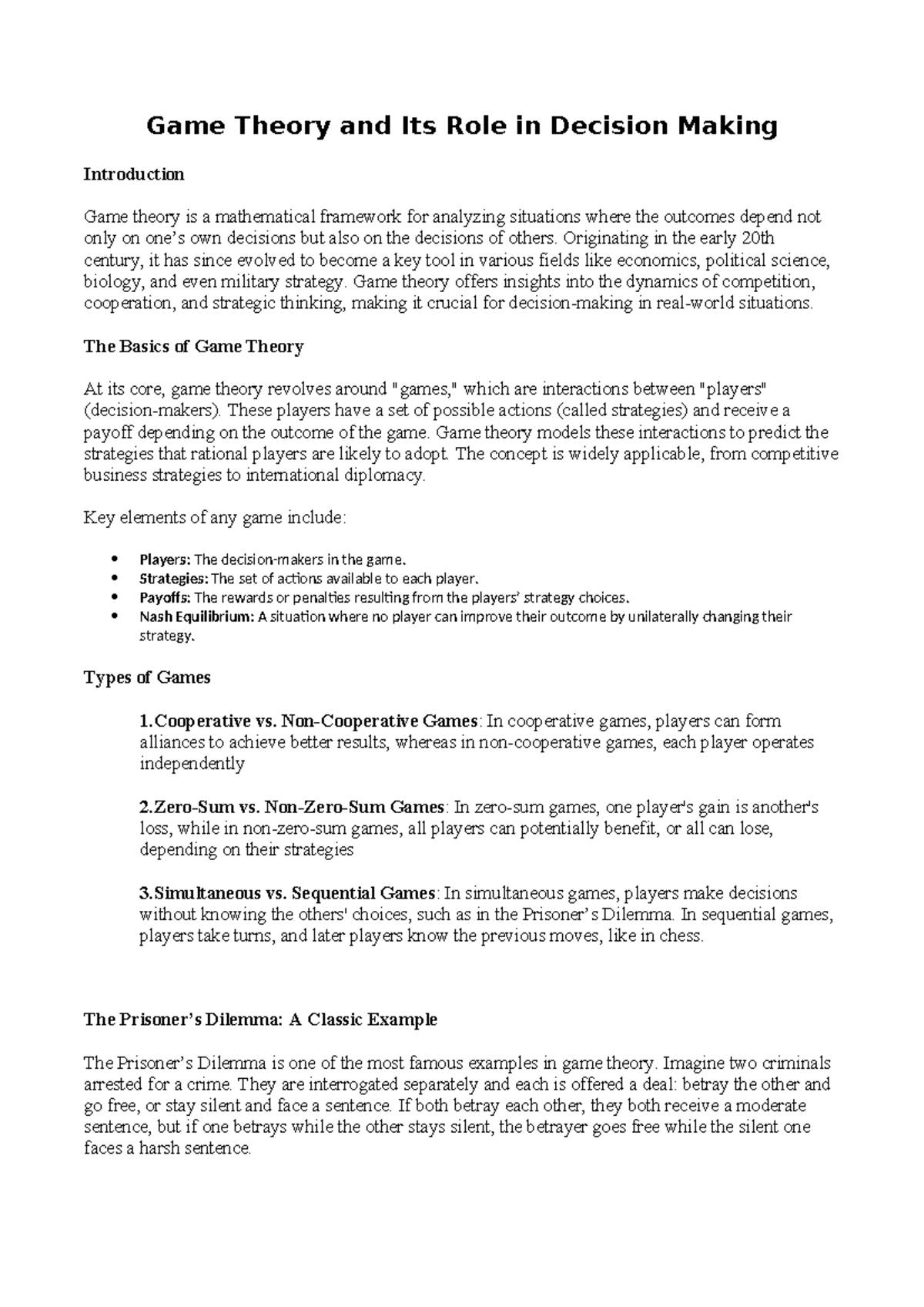 Game Theory and Its Role in Decision Making - Game Theory and Its Role ...