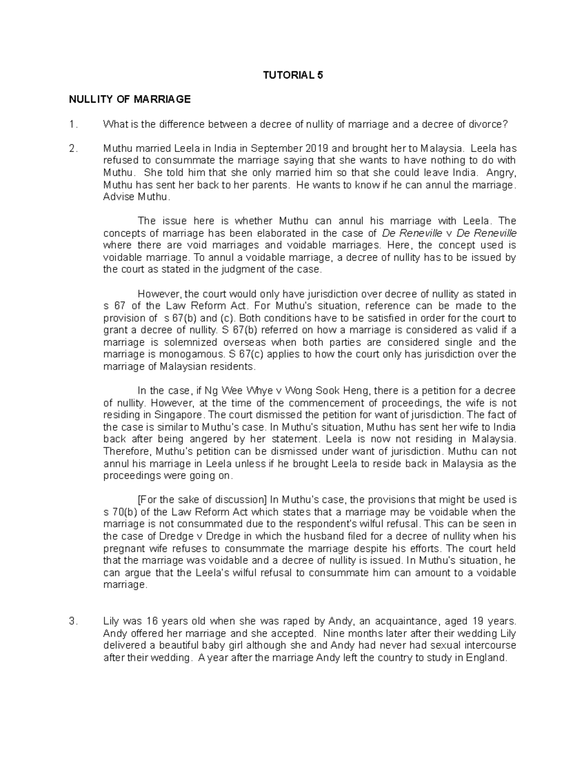 Tutorial 5 - Nullity of marriage. For academic purposes only. - TUTORIAL 5 NULLITY OF MARRIAGE ...