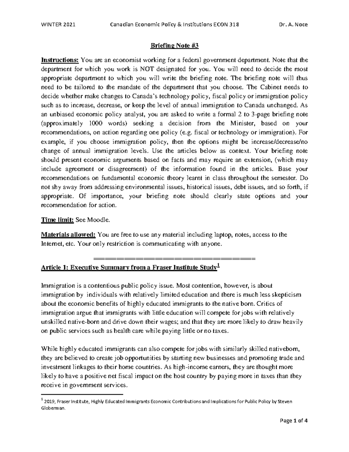 Briefing Note #3 Instructions Winter 2021 ECON 318 - Briefing Note ...