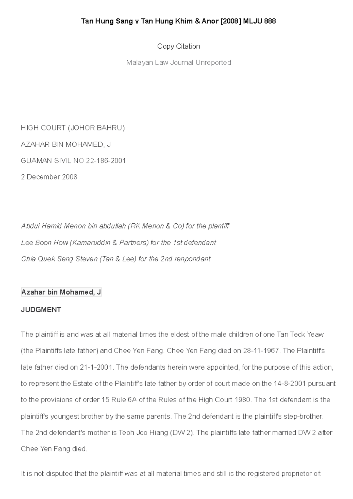 Tan Hung Sang v Tan Hung Khim - Chee Yen Fang died on 28-11-1967. The ...