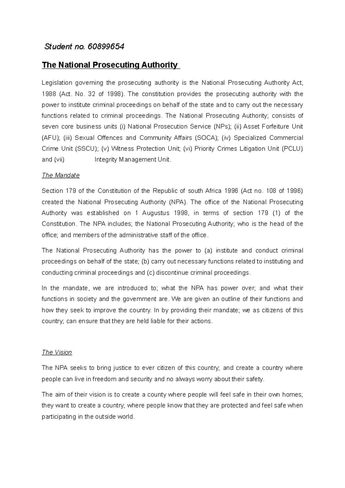 Assignment 4 - Student no. 60899654 The National Prosecuting Authority ...