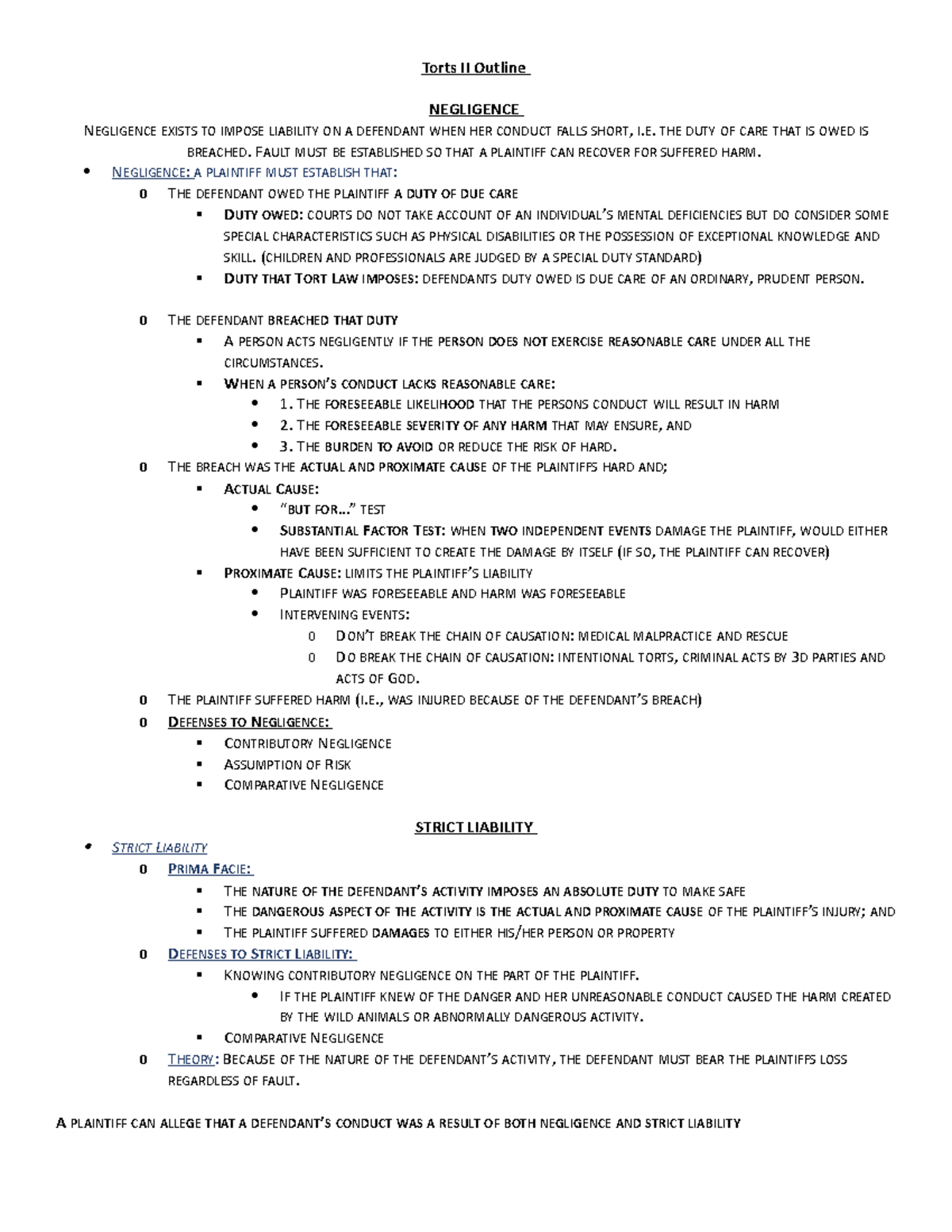 BEST Torts II Outline - Torts II Outline NEGLIGENCE NEGLIGENCE EXISTS ...