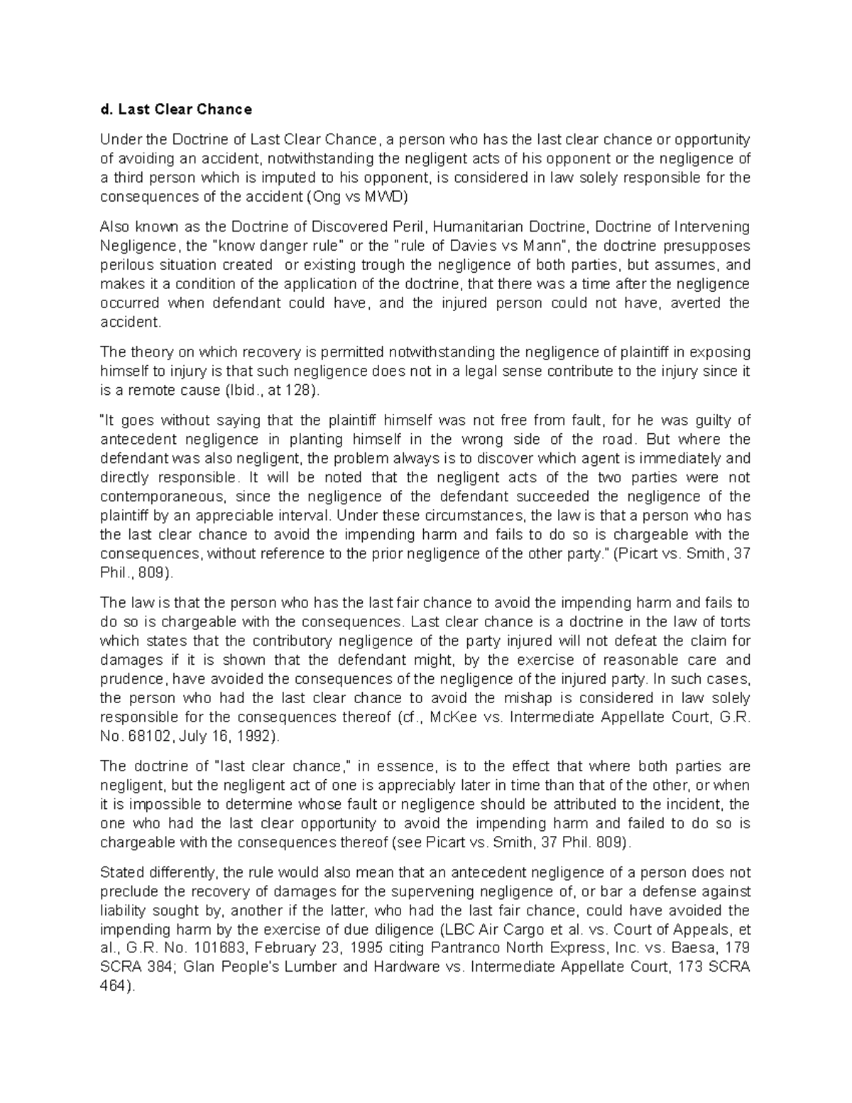 Torts 2 - Notes - d. Last Clear Chance Under the Doctrine of Last Clear ...