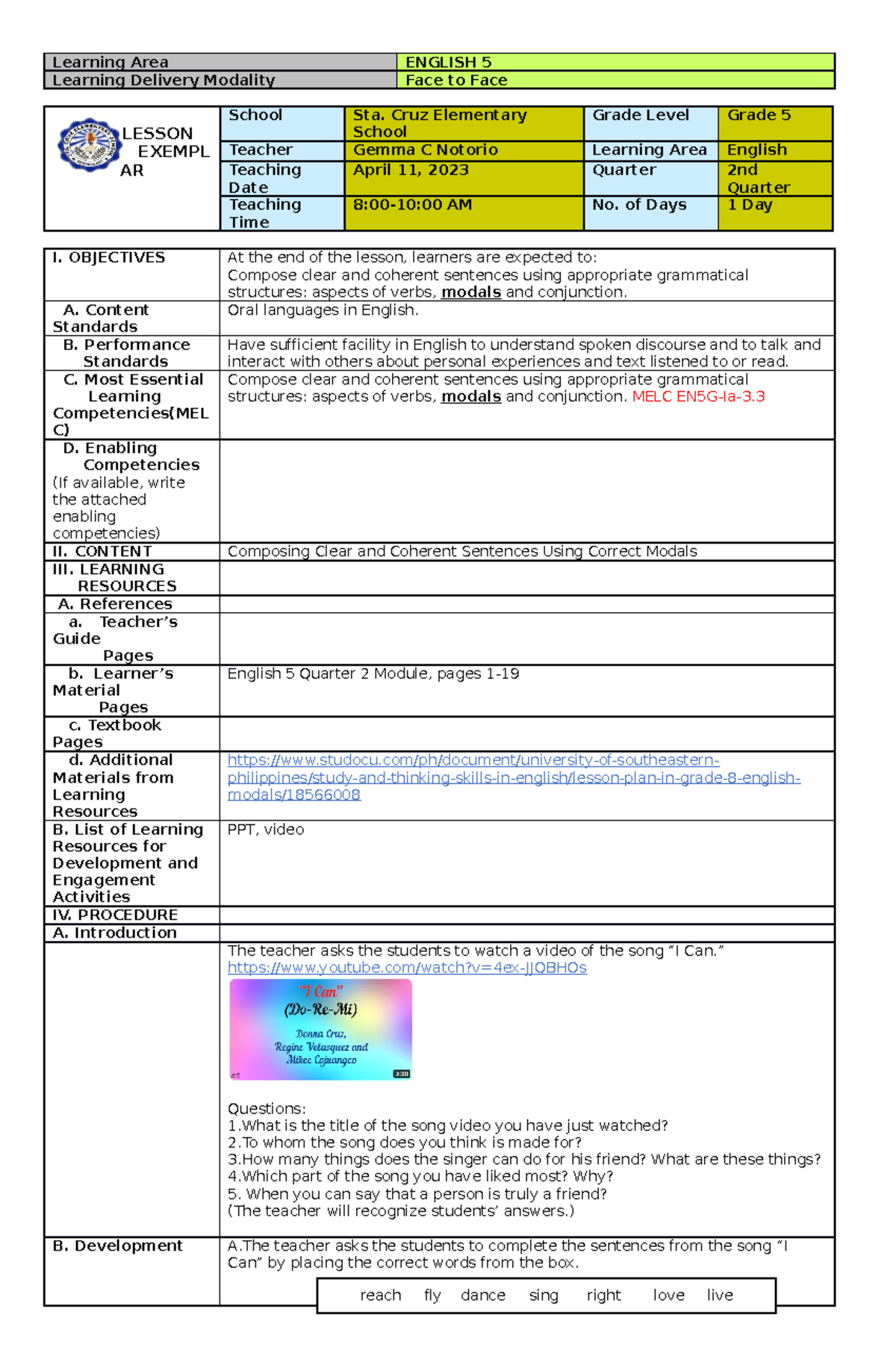 ENG5 Q2 Exemplar Modals - Learning Area ENGLISH 5 Learning Delivery ...