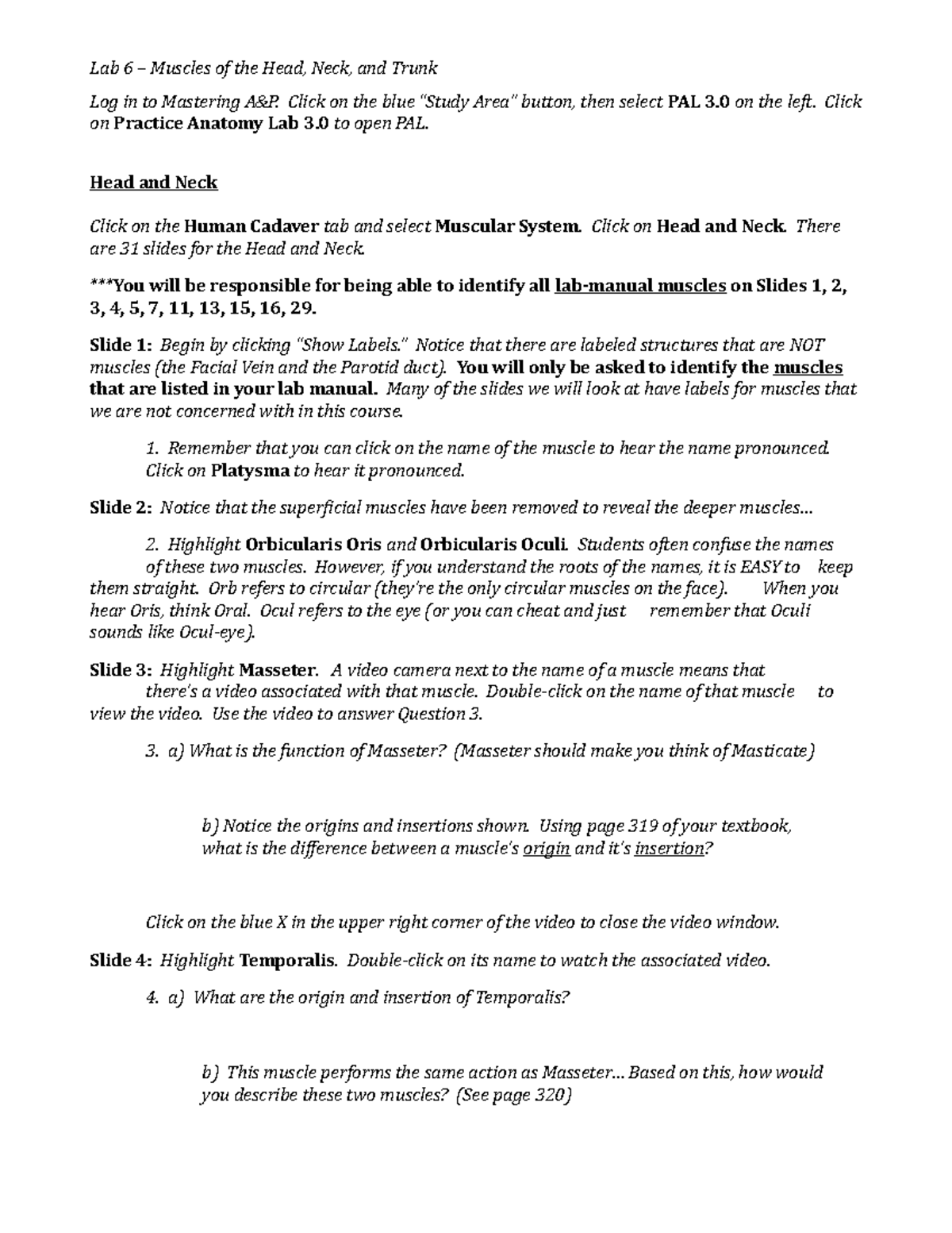 251 Lab5 Muscles 1 - Lab 5 - Lab 6 – Muscles of the Head, Neck, and ...