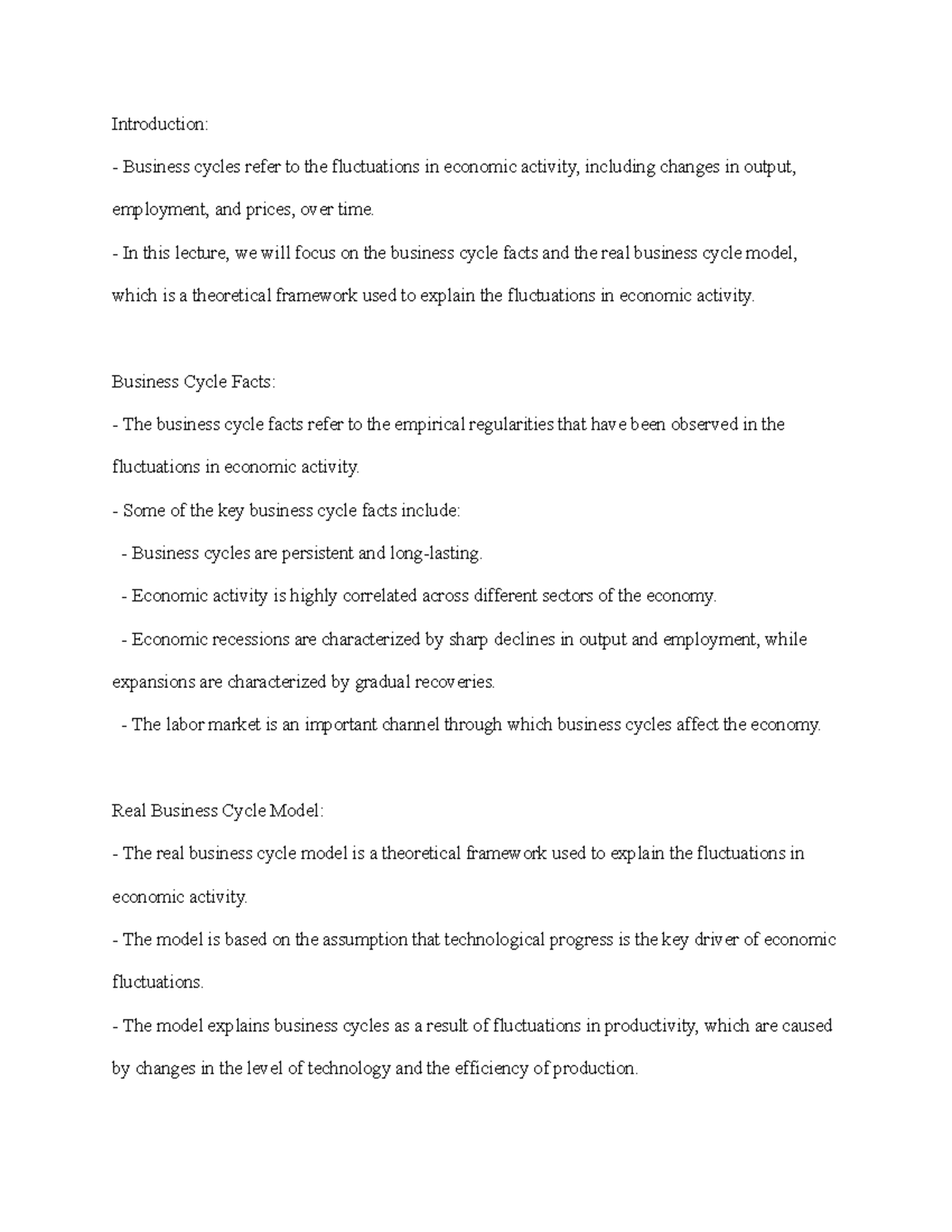 Business Cycle Facts, Real Business Cycles I Lecture Notes ...