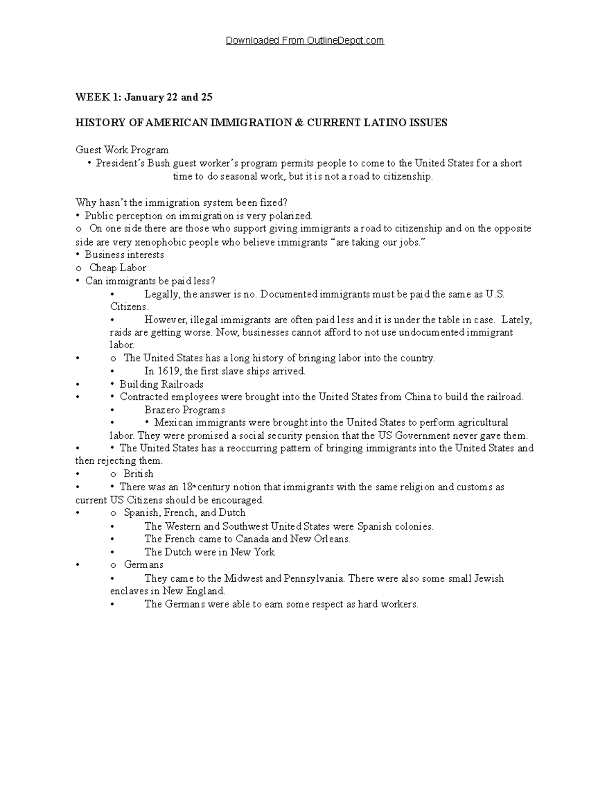 239 Immigration Law Outline - WEEK 1: January 22 and 25 HISTORY OF ...