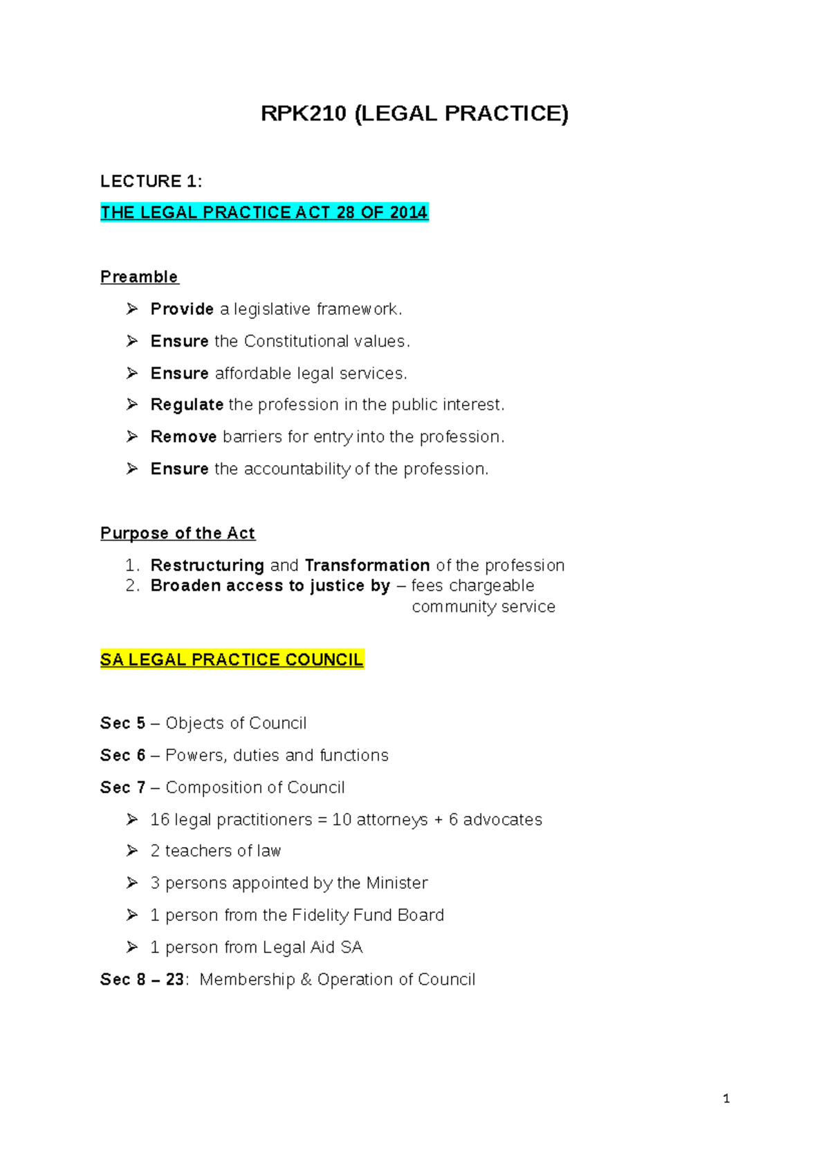 RPK210 Semester Test 1 Notes - RPK210 (LEGAL PRACTICE) LECTURE 1: THE ...