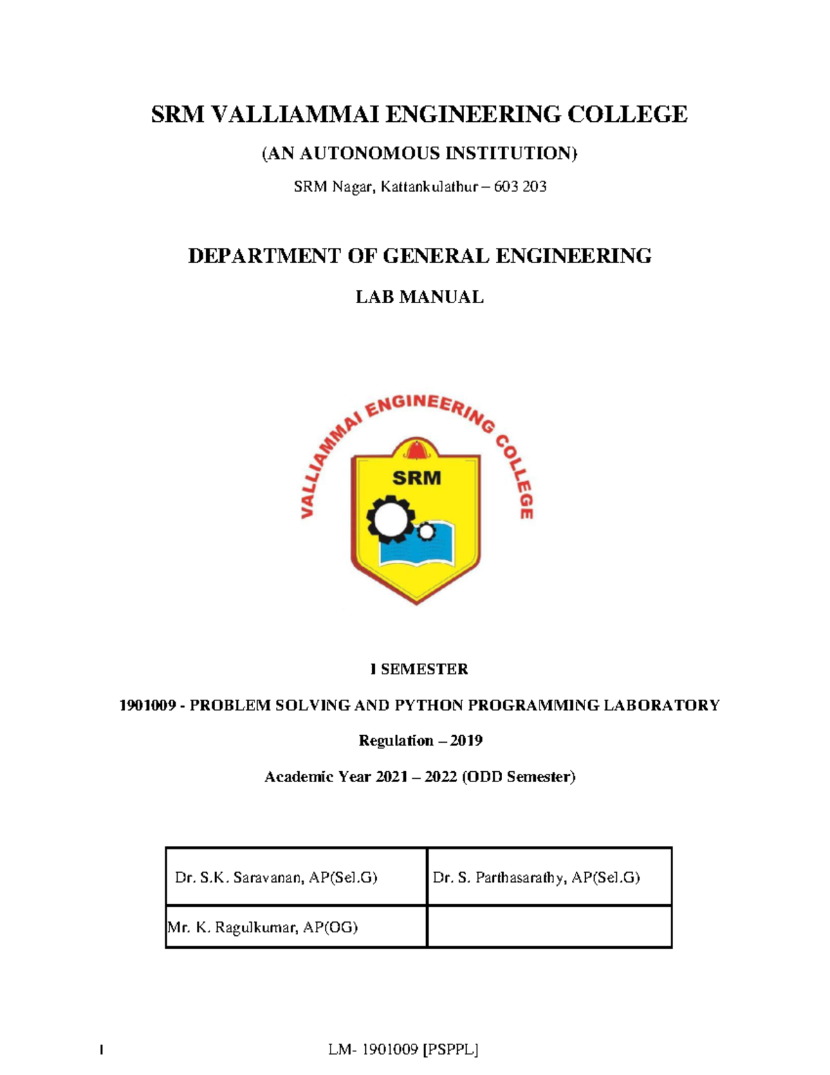 1901009 problem solving and python programming laboratory - SRM VALLIAMMAI ENGINEERING COLLEGE ...