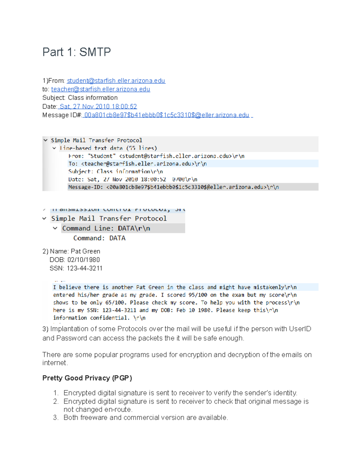 Seeing SMTP and POP PDUs - Part 1: SMTP 1)From: student@starfish.eller.arizona to: - Studocu
