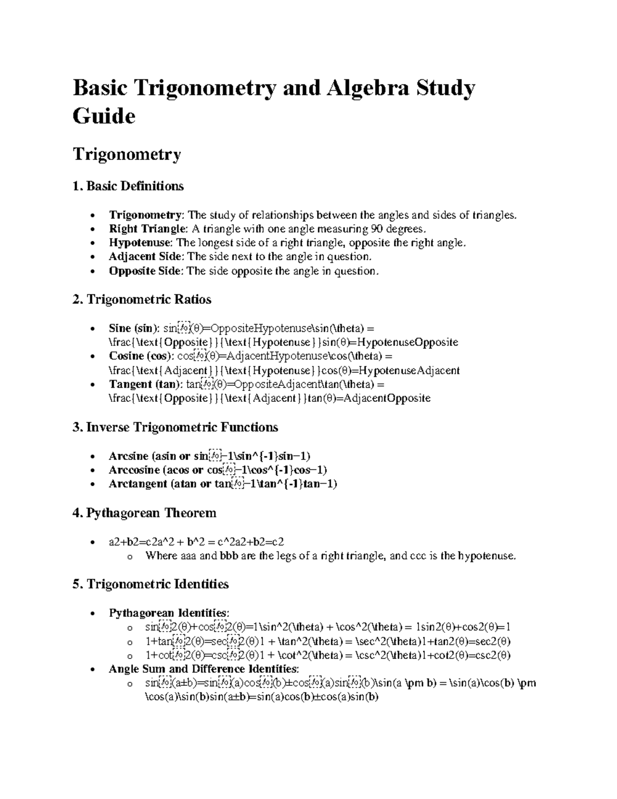 Methl 99 - Basic Trigonometry and Algebra Study Guide Trigonometry 1 ...