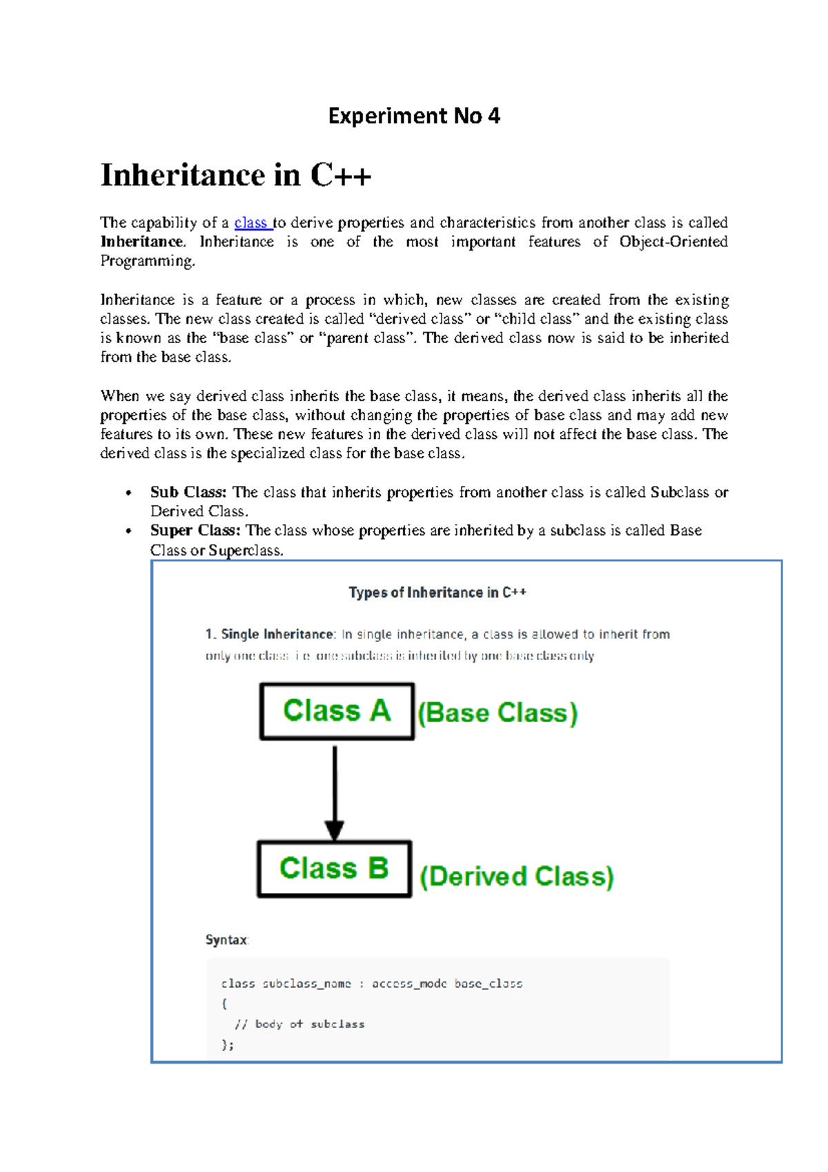 Experiment No 4 Ineritance - Inheritance is one of the most important features of Object ...