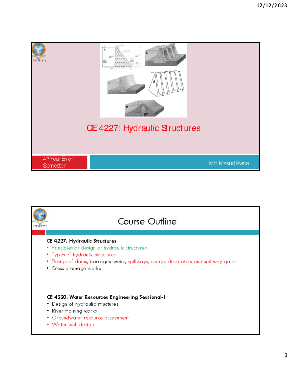 CE 4227 - 4 th Year Even Semester CE 4227: Hydraulic Structures Md ...