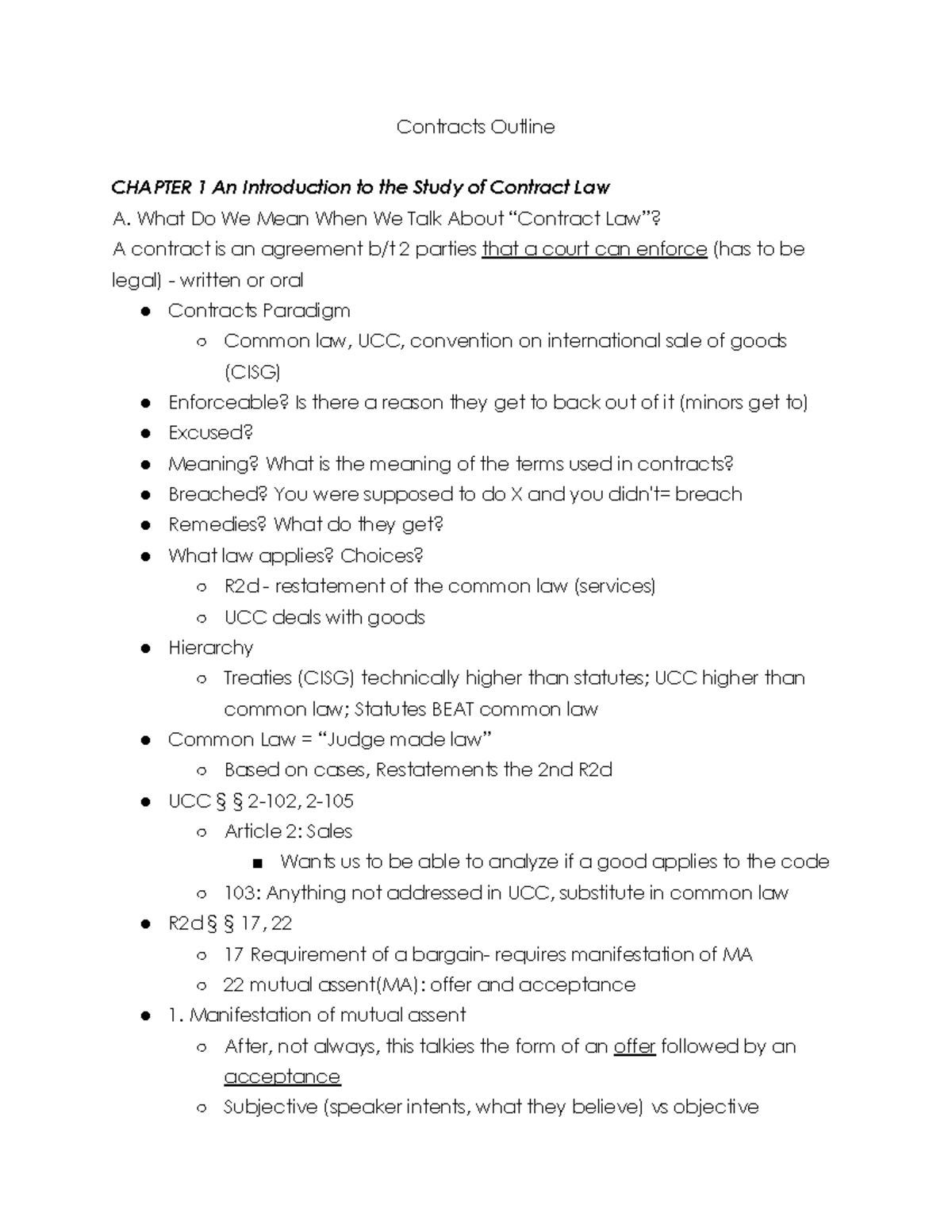 Contracts Outline- for finals(content only no cases) - Contracts Outline CHAPTER 1 An ...