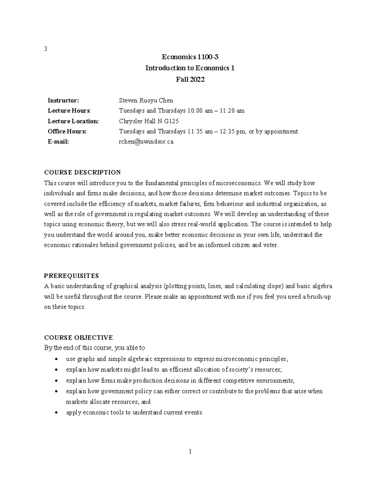 202203 ECON 1100-3 Syllabus v3 - 3 Economics 1100 - 3 Introduction to ...