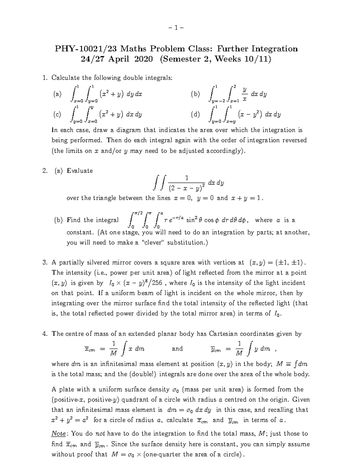 Problem Paper - Further Integration - – 1 – PHY-10021/23 Maths Problem ...