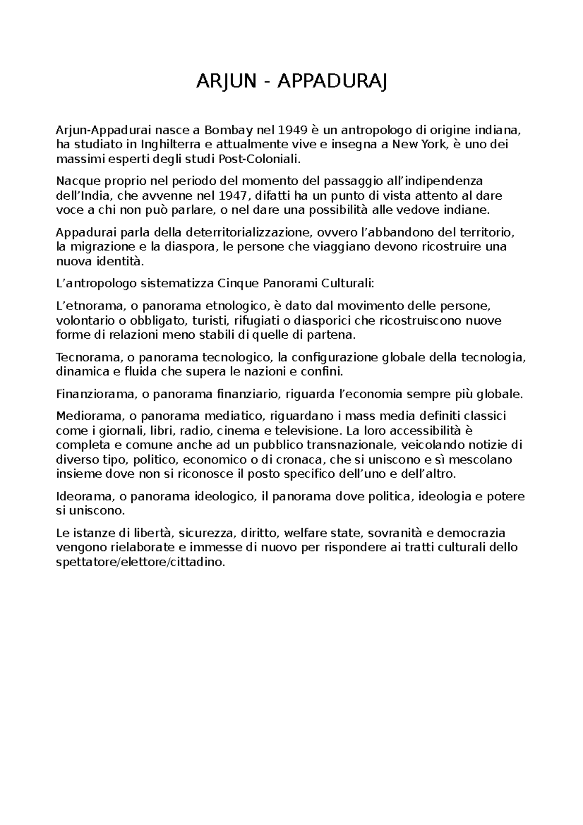 Arjun - Appadurai - Riassunto Discipline Demoetnoantropologiche Lezione ...