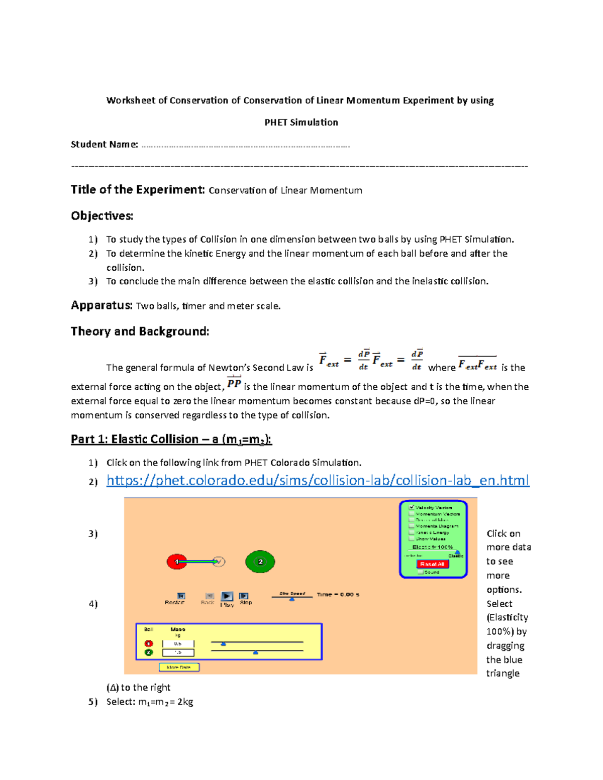 Momentum Lab worksheet - Worksheet of Conservation of Conservation of ...