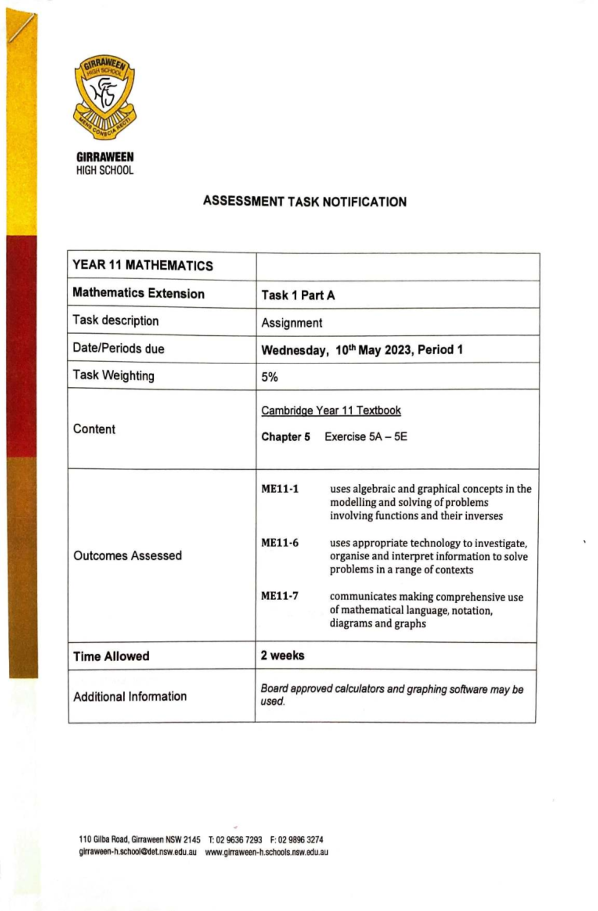 Girra yr 11 assignment task 1 2023 - GIRRAWEEN HIGH SCHOOL ASSESSMENT ...